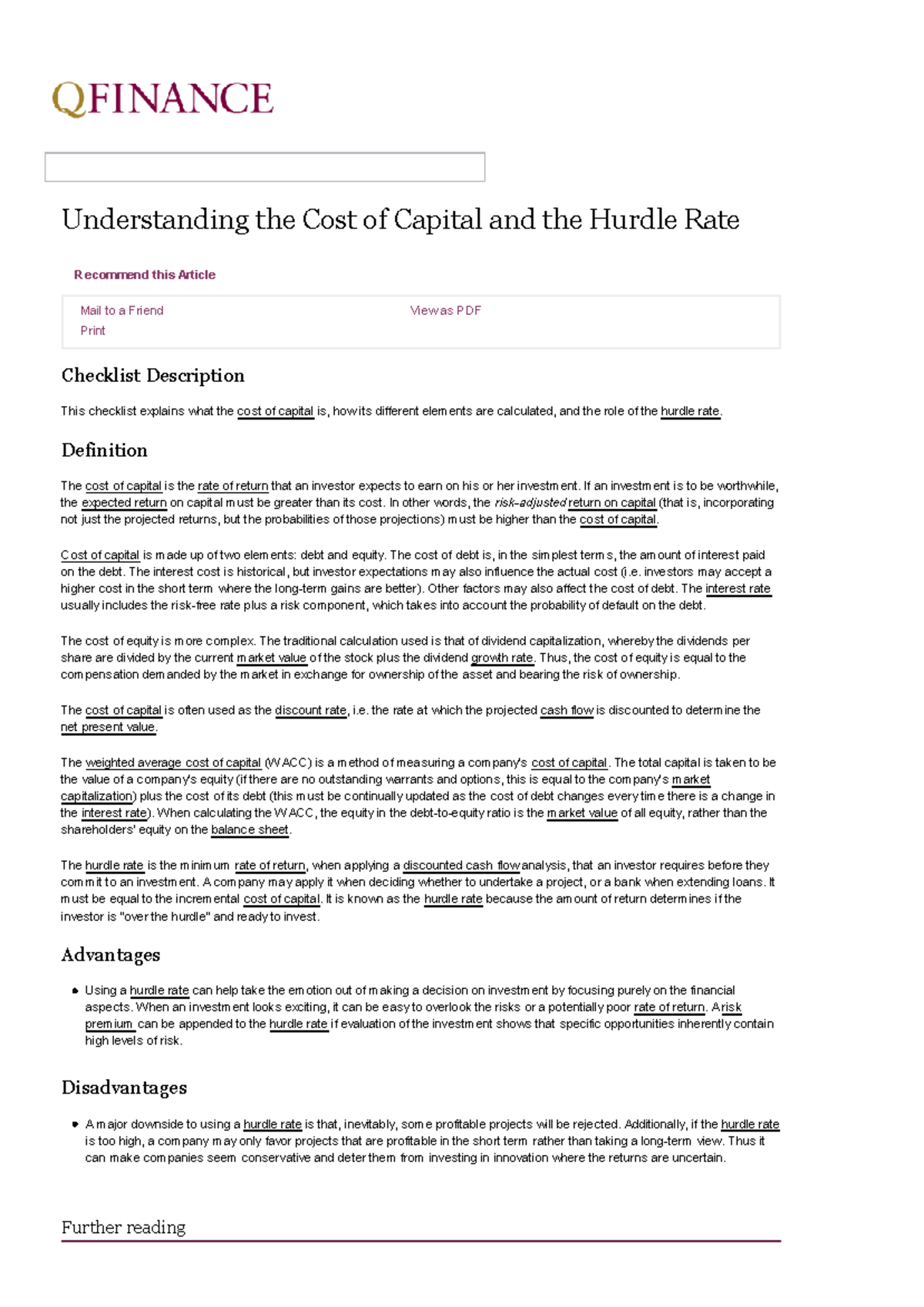 Qfinance cost of capital article - Financial Management - NUST - Studocu