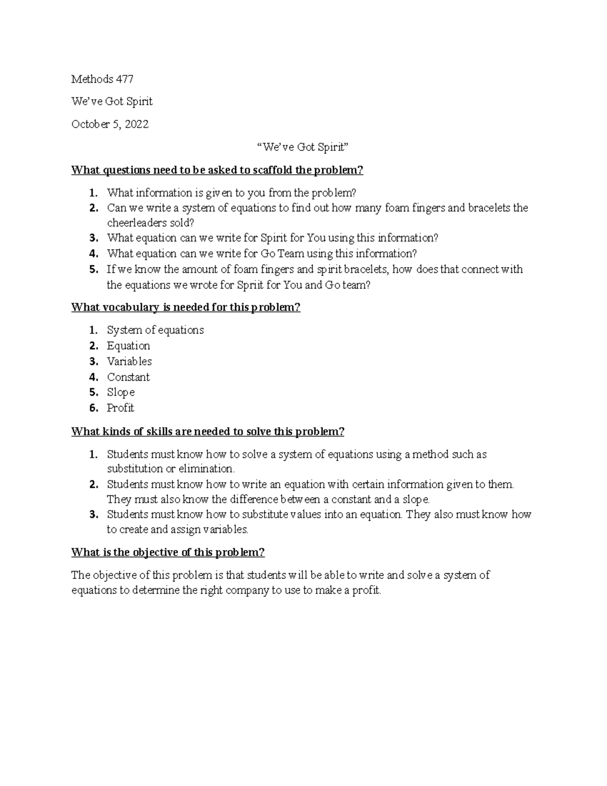 We've Got Spirit Assignment - Methods 477 We’ve Got Spirit October 5 ...