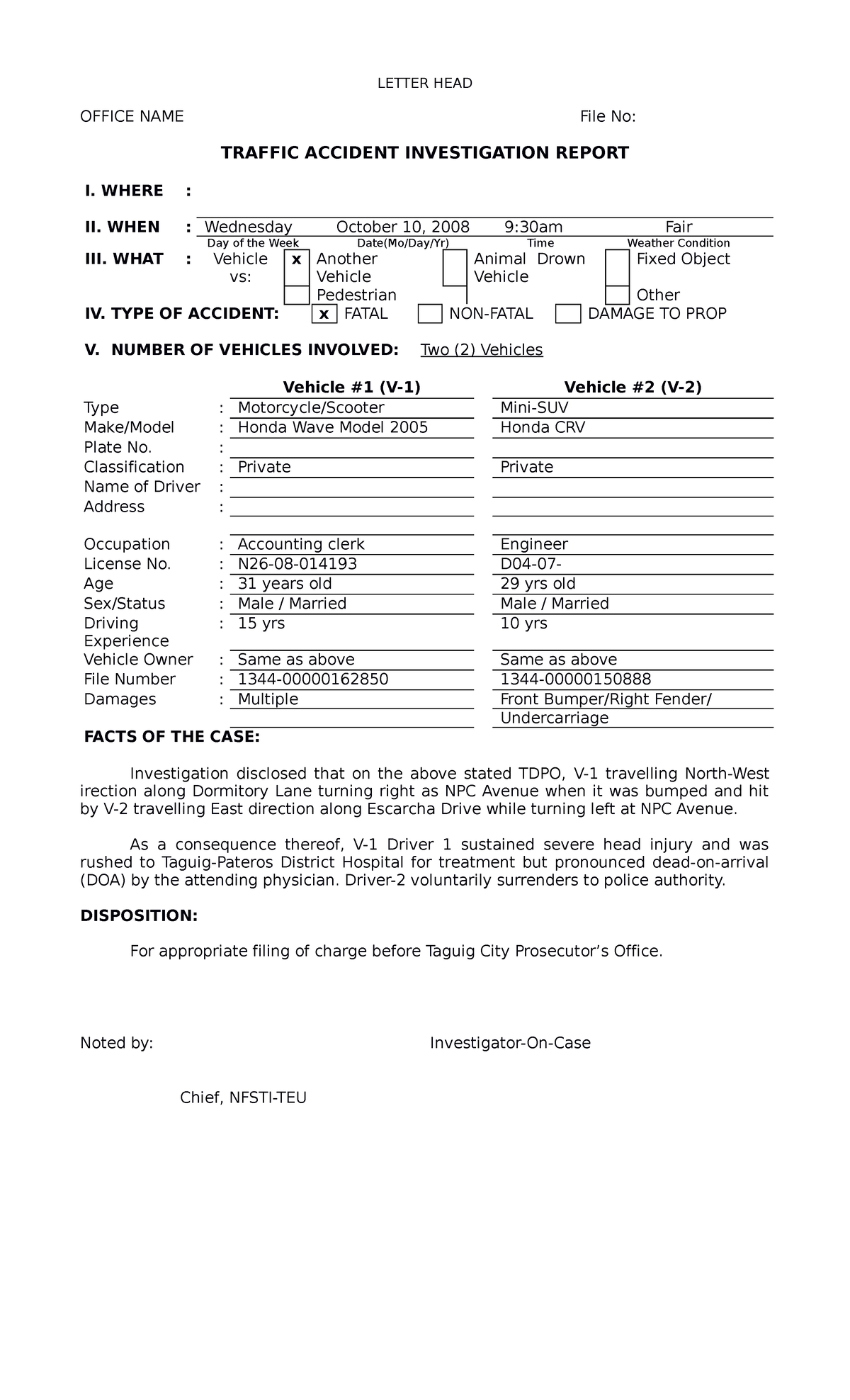 137496321 Traffic Accident Investigation Report Form - LETTER HEAD ...