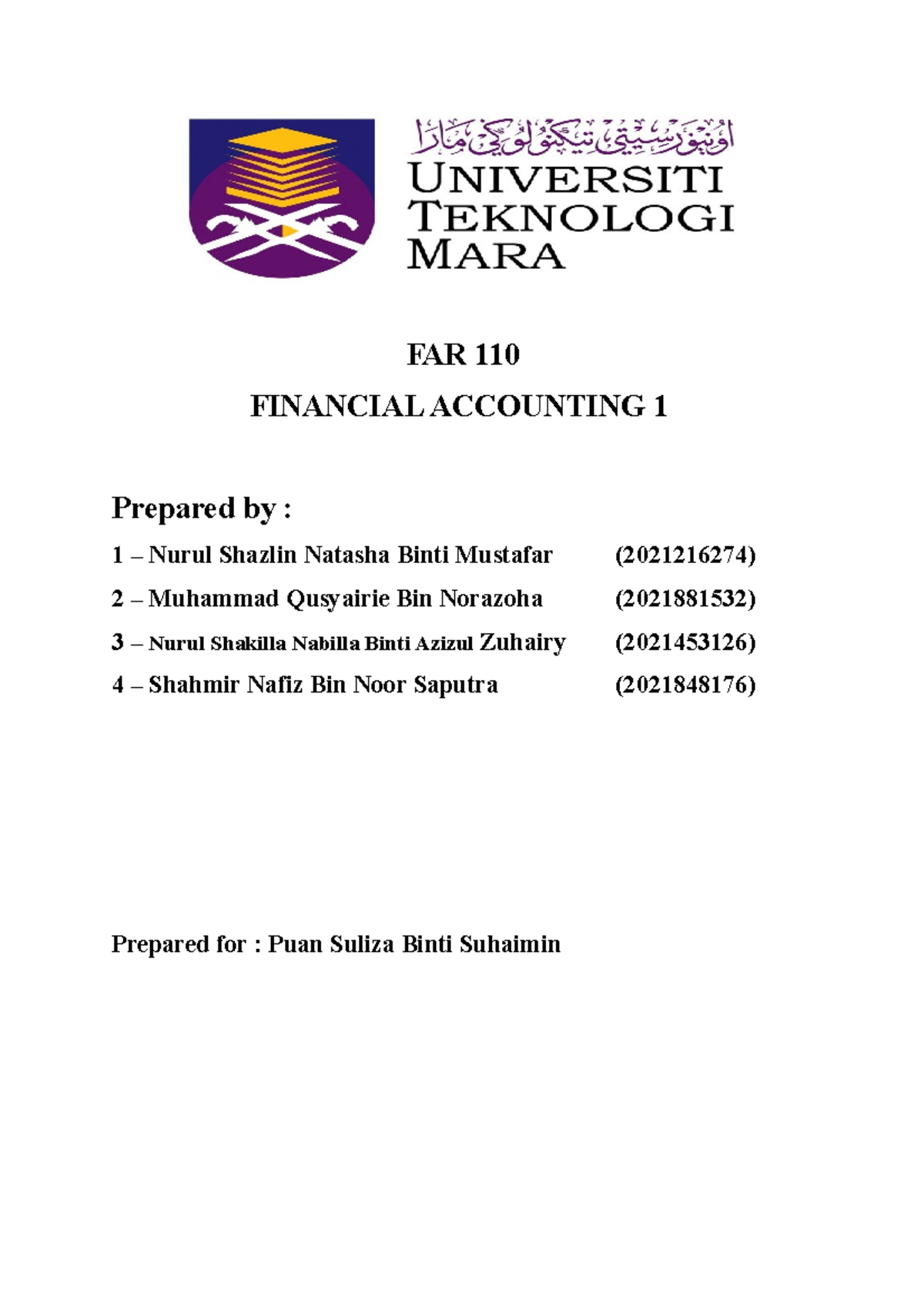 Assignment FAR110 - FAR - FAR 110 FINANCIAL ACCOUNTING 1 Prepared by ...