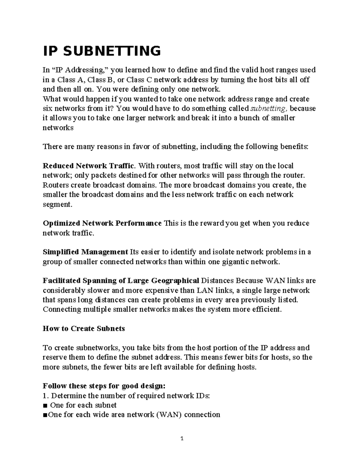 9 IP Subnetting - IP SUBNETTING In “IP Addressing,” you learned how to ...