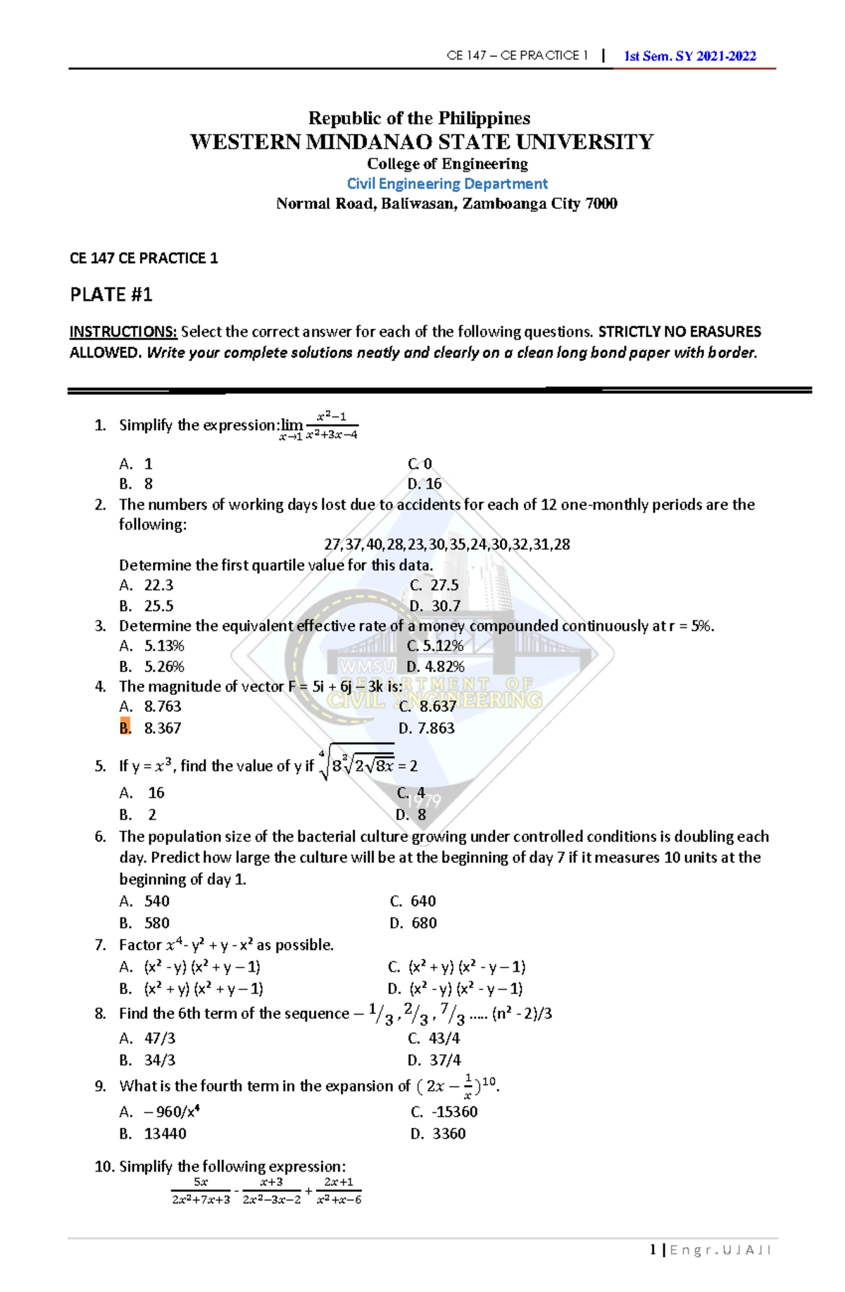 CE Practice Engineering Mathematics Problems and Solutions - CE 1 47 ...