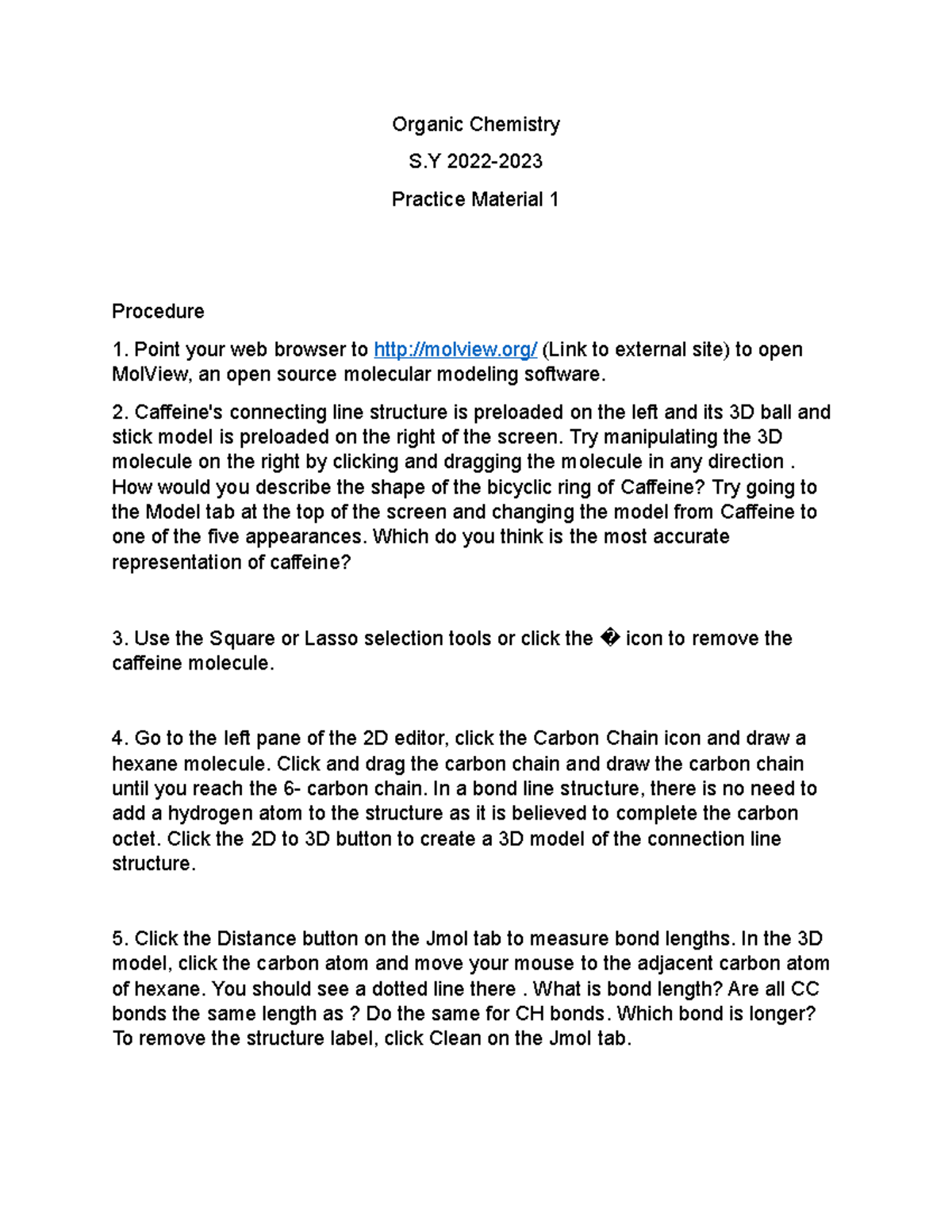 Organic Chemistry Practice Material 1 - Organic Chemistry S 2022 ...