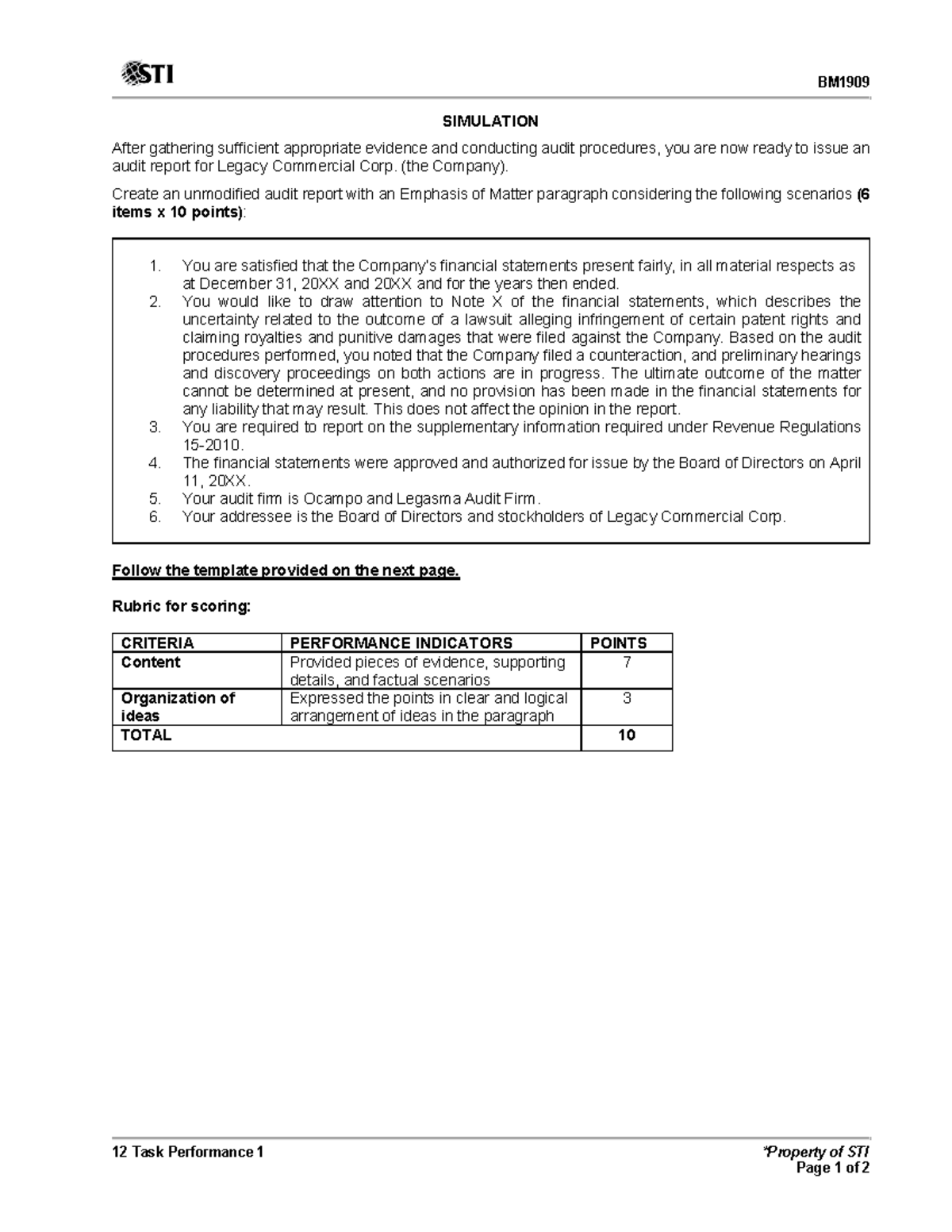 1 2 Task Performance 1 - BM 12 Task Performance 1 *Property of STI Page ...