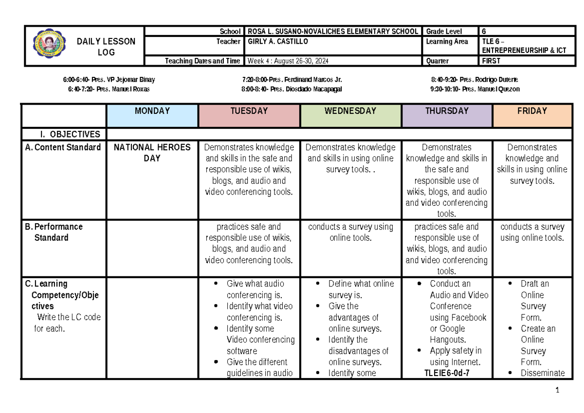 DLL TLE-ICT WEEK 4.docx 2024 - DAILY LESSON LOG School ROSA L. SUSANO ...