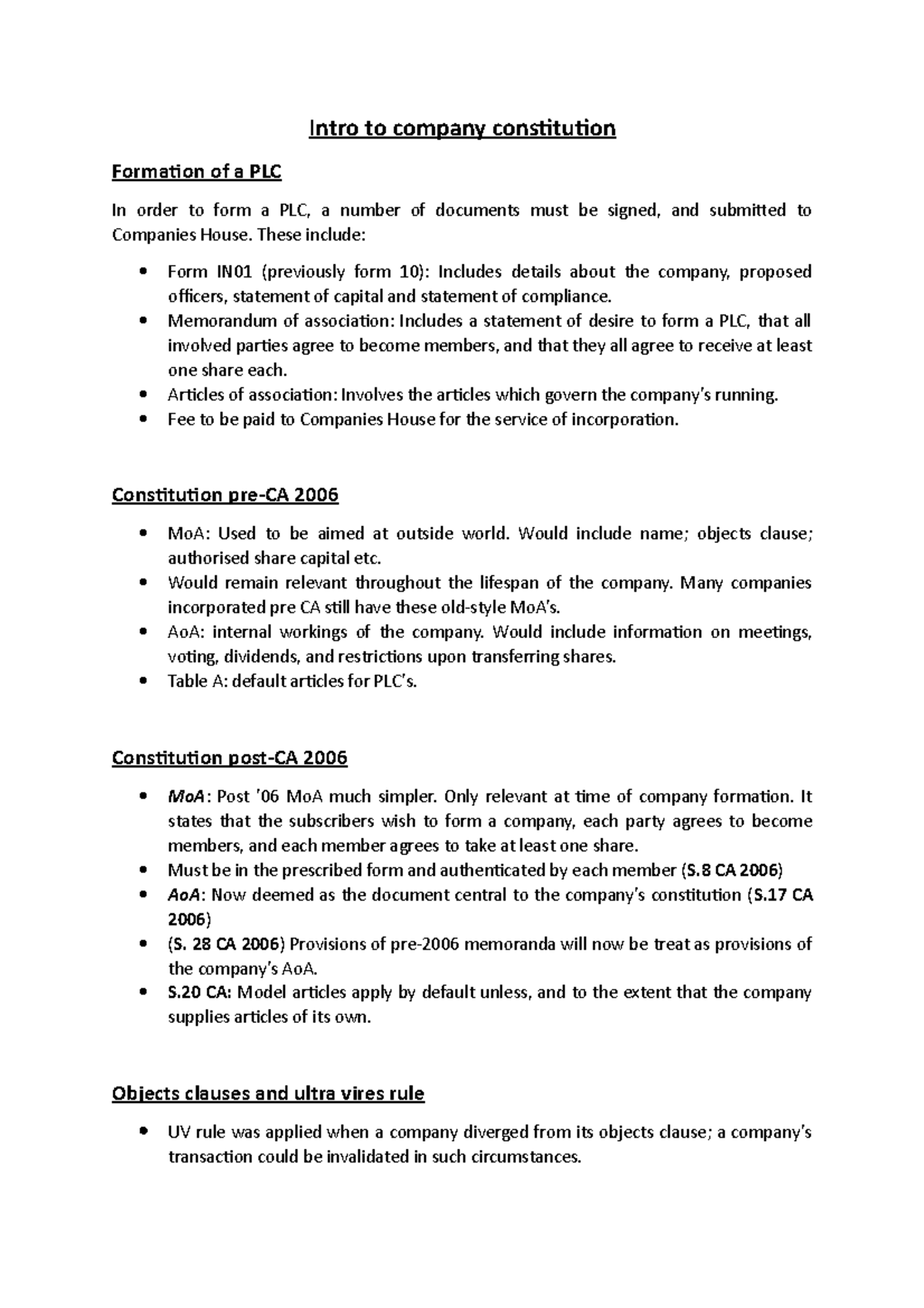 Companies Constitution Notes - Intro to company constitution Formation ...