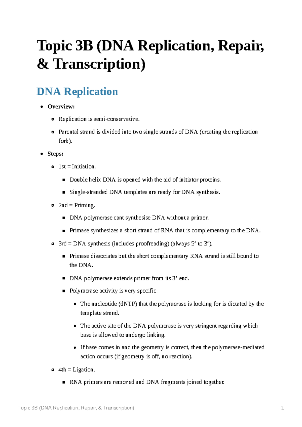 Topic 3B (DNA Replication Repair Transcription) - Topic 3B (DNA Replication, Repair, & - Studocu