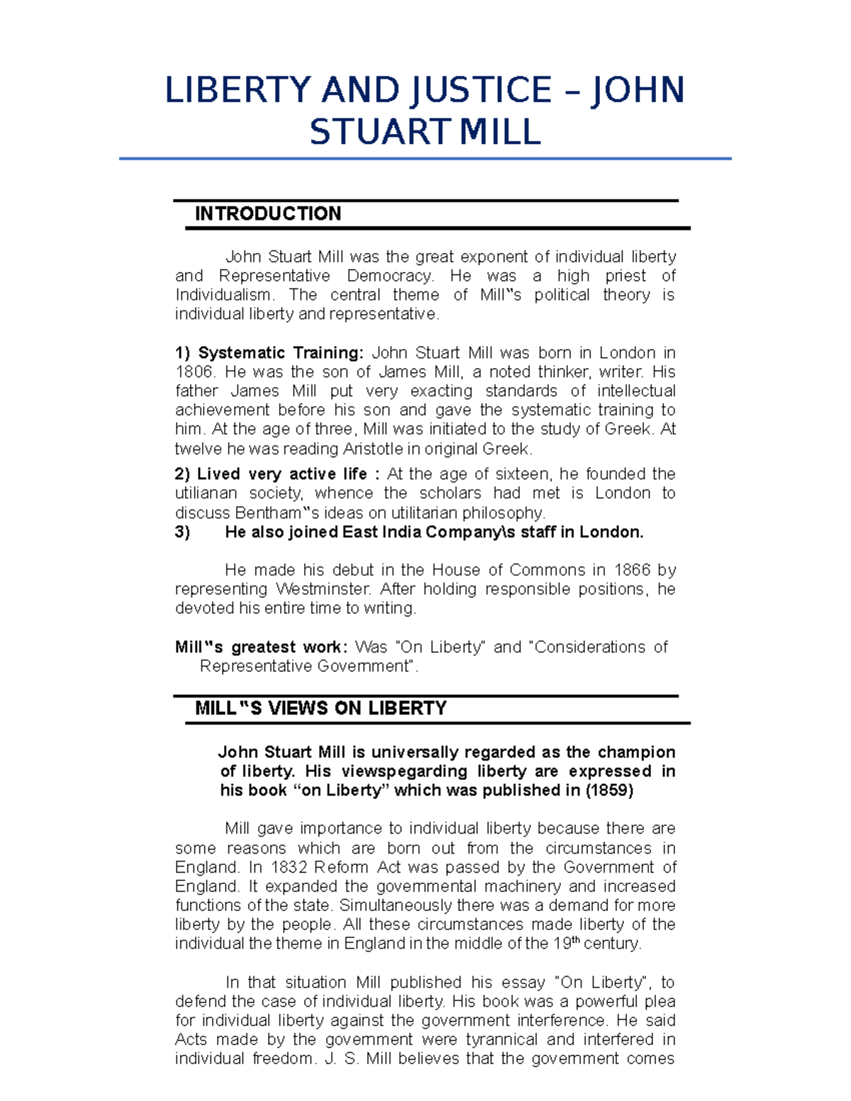 Liberty AND Justice – JOHN Stuart MILL - LIBERTY AND JUSTICE – JOHN ...