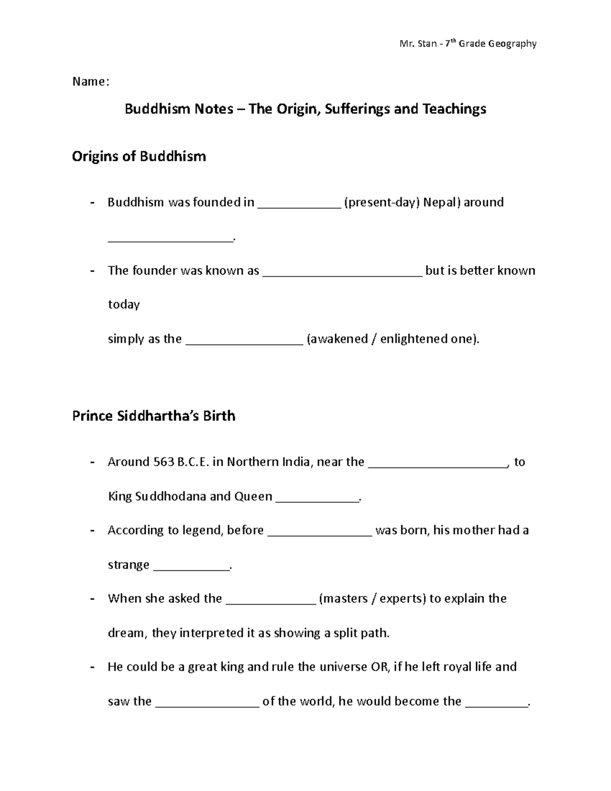 Buddhism Guided Notes - Day 1 - Name: Buddhism Notes – The Origin ...