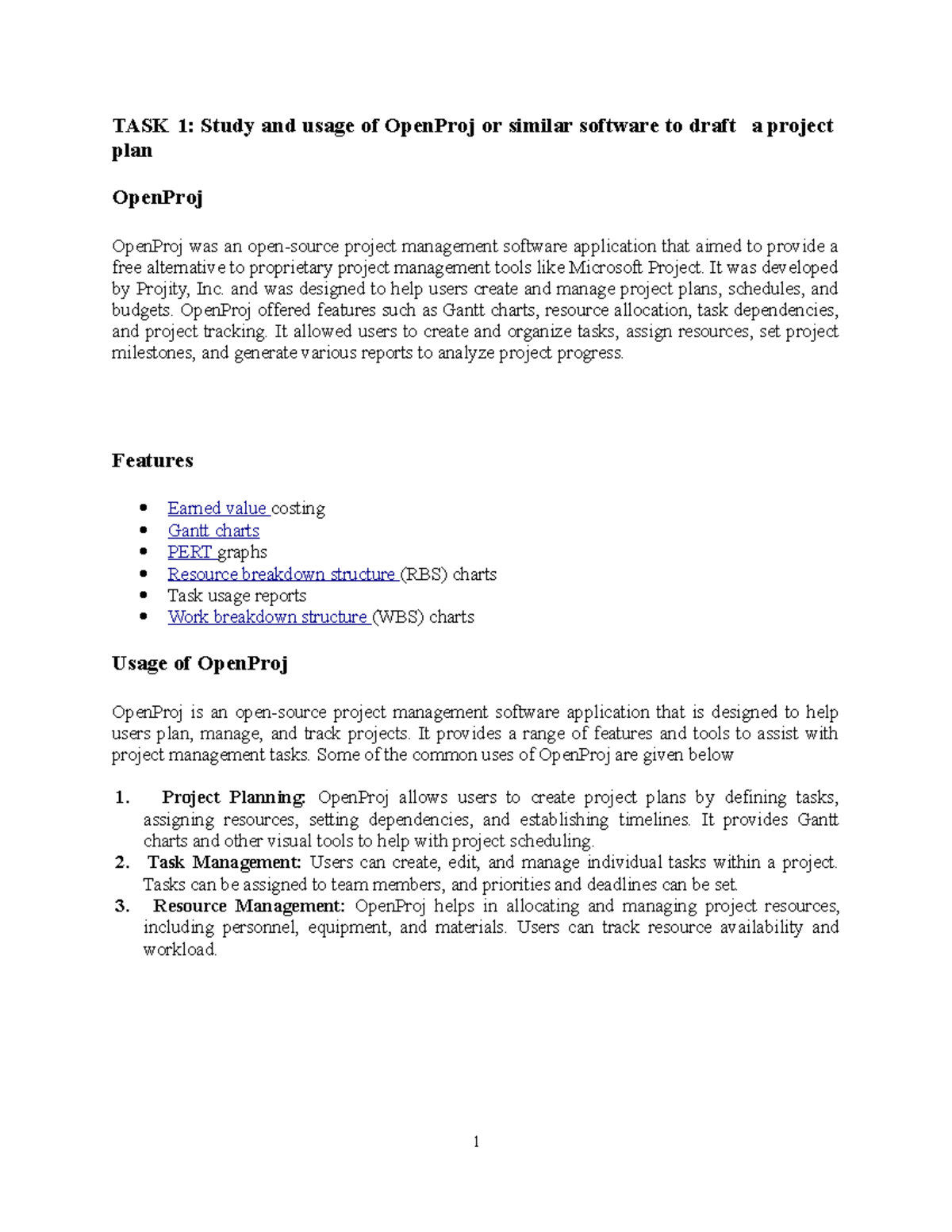 TASK 1 SE - 1 TASK 1: Study and usage of OpenProj or similar software to draft a project plan ...
