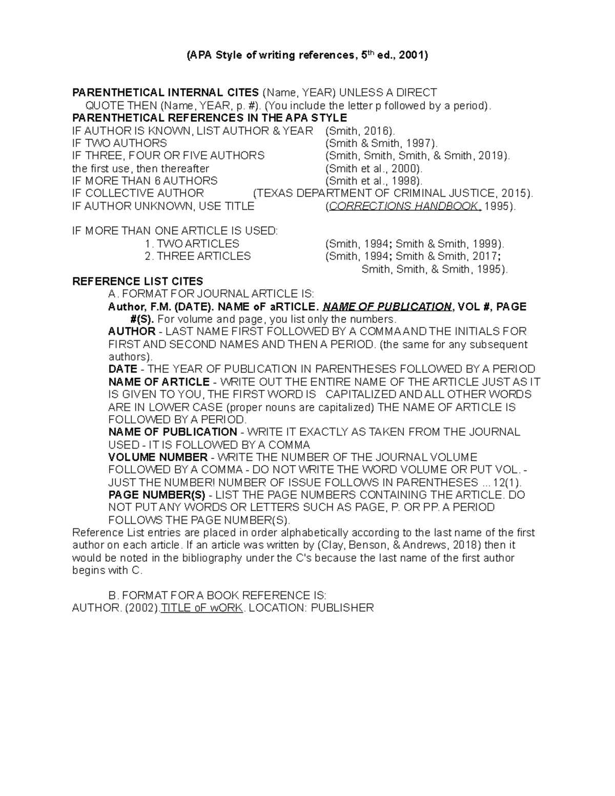 APA Citation Format - (APA Style of writing references, 5th ed., 2001 ...