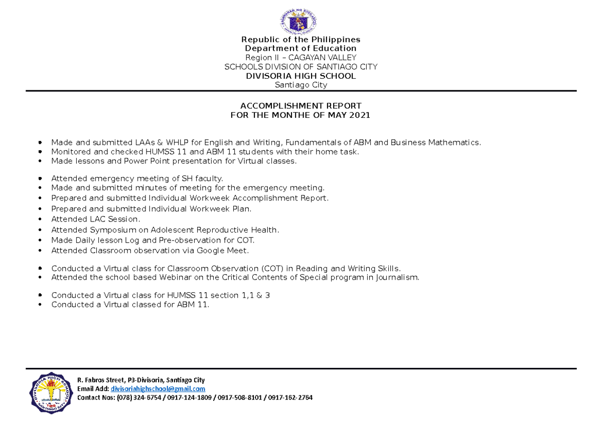 Accomplishment-Report - Republic of the Philippines Department of Education Region II – CAGAYAN ...