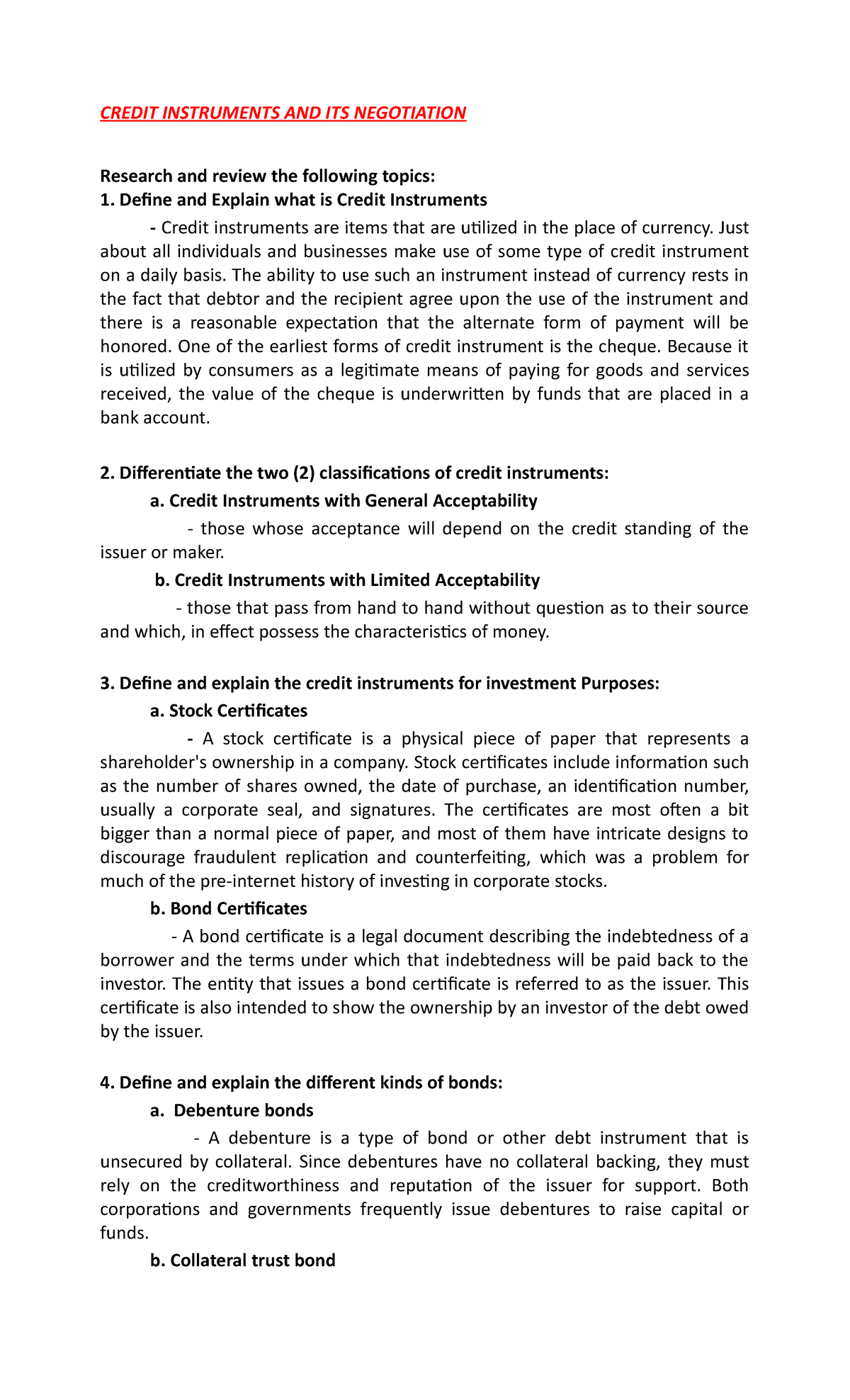 Credit, Instrument and Negotiation - CREDIT INSTRUMENTS AND ITS ...