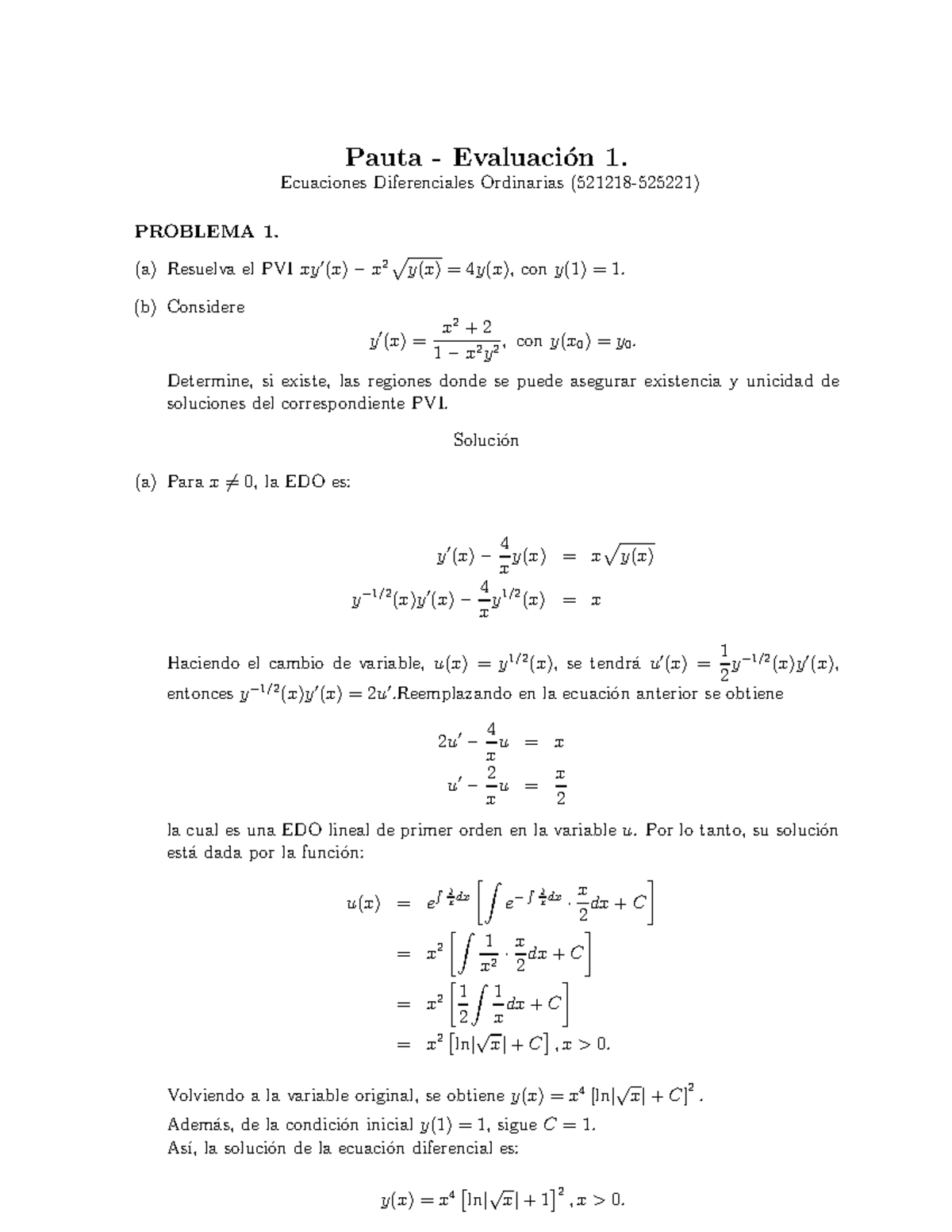 Examen 20 Octubre 2017, preguntas y respuestas - Pauta - Evaluaci´ on 1. Ecuaciones ...