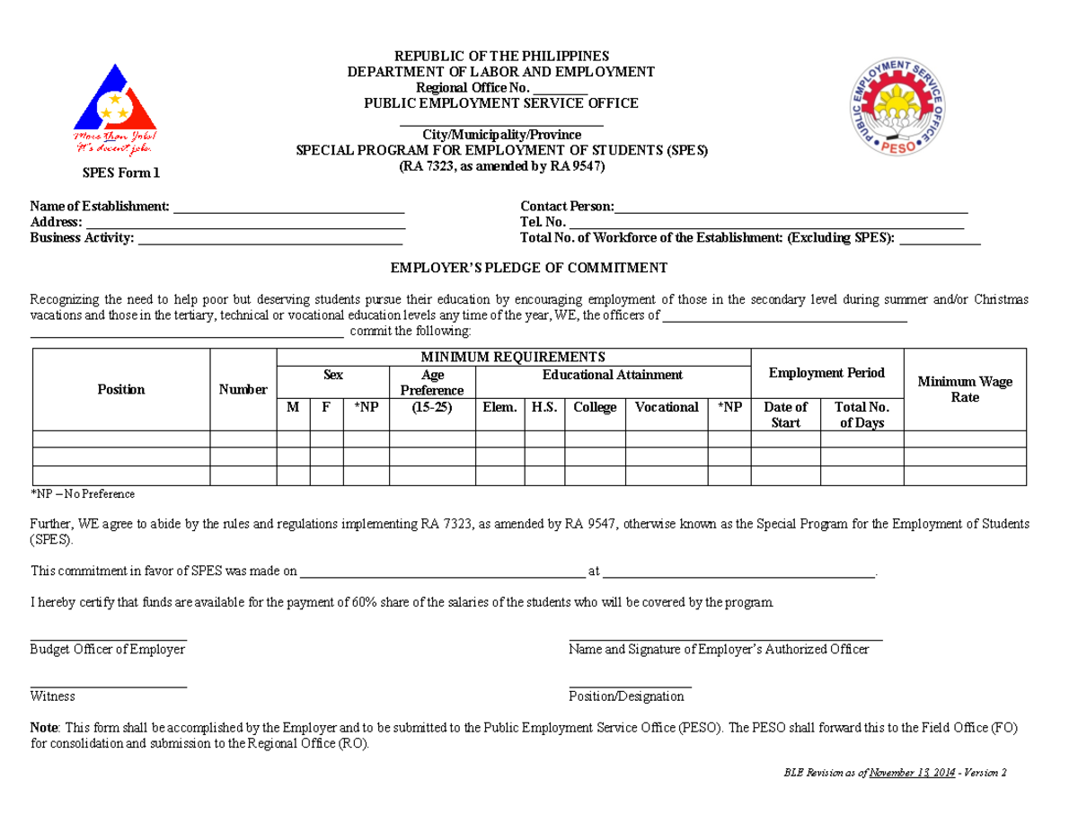 SPES Forms - VVVVVVVVVVVV - SPES Form 1 Name of Establishment