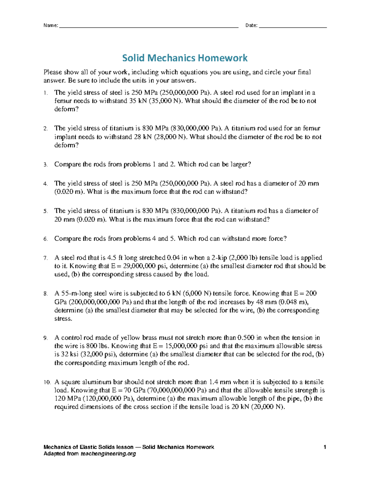 Problem Set 14 Solid Mechanics Problem Set 2 - Name: - Studocu