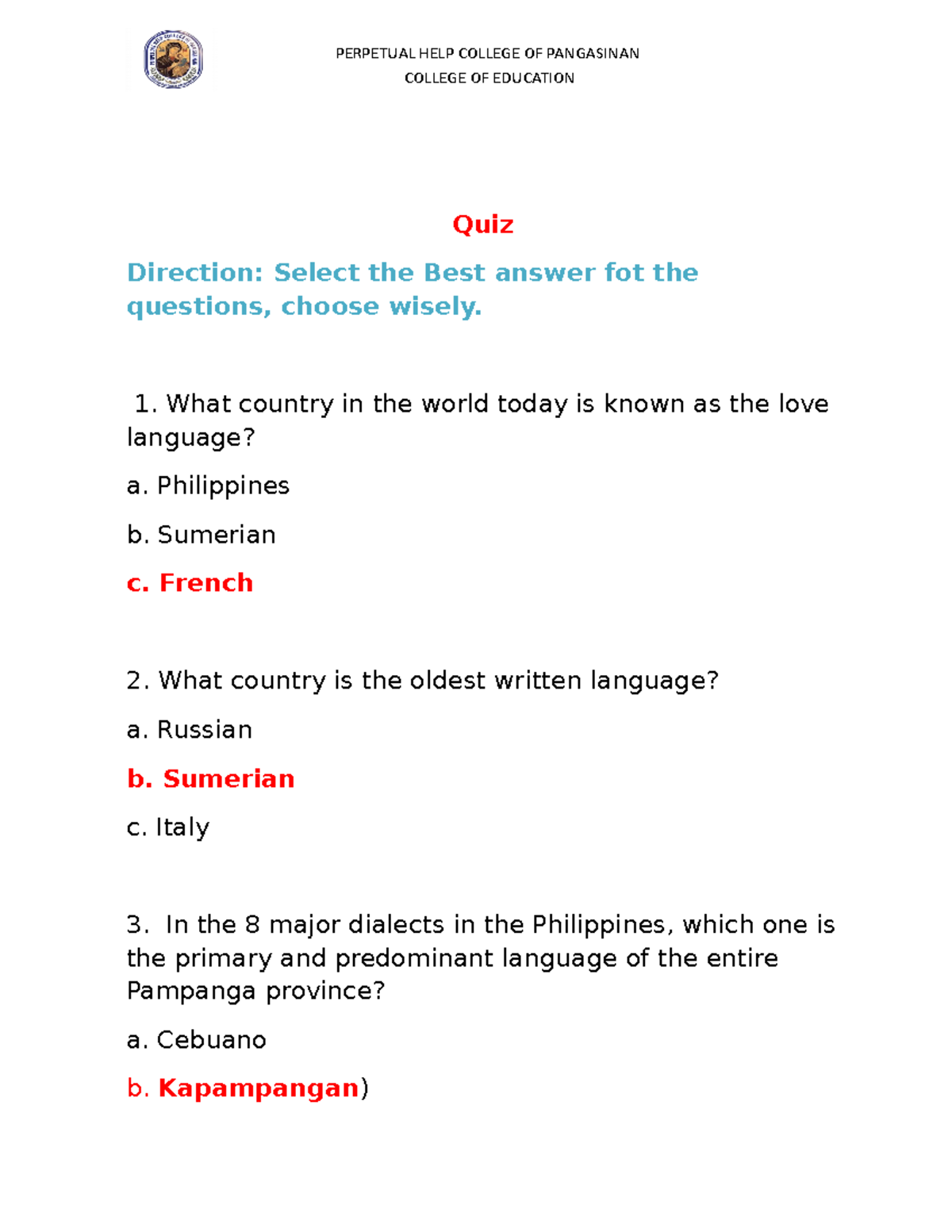 QUIZ- Terms Related to Language - Quiz Direction: Select the Best ...
