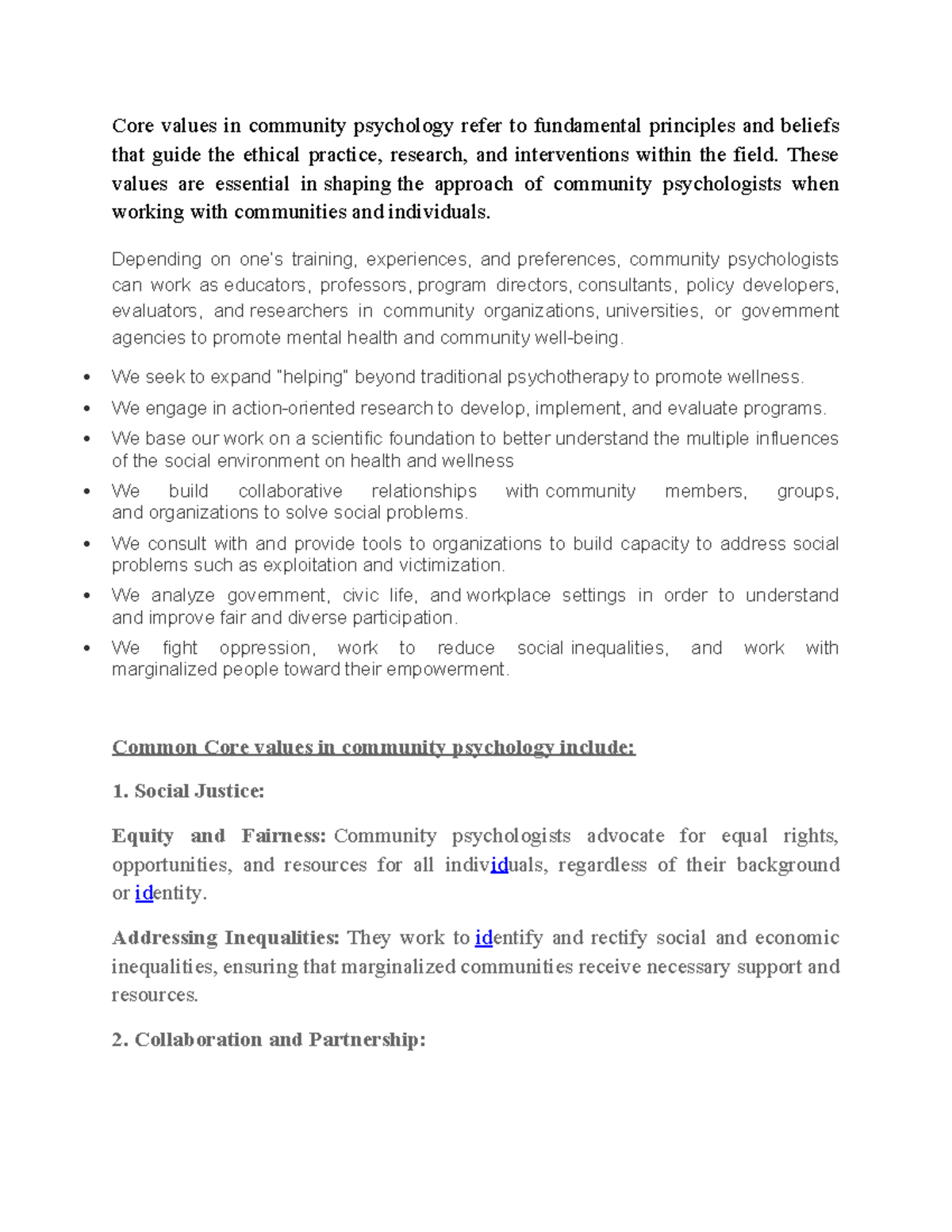 Introduction to Community Psychology - Core values in community ...