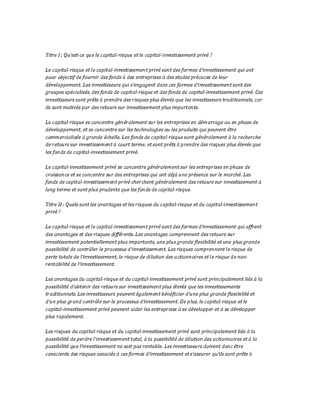 Venture Capital and Private Equity note study - Titre I : Qu’est-ce que ...