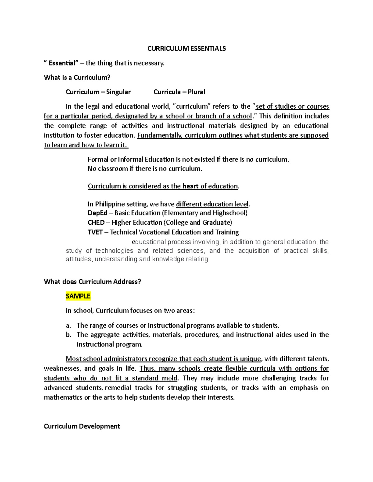 Curriculum Essentials - CURRICULUM ESSENTIALS ” Essential” – the thing ...