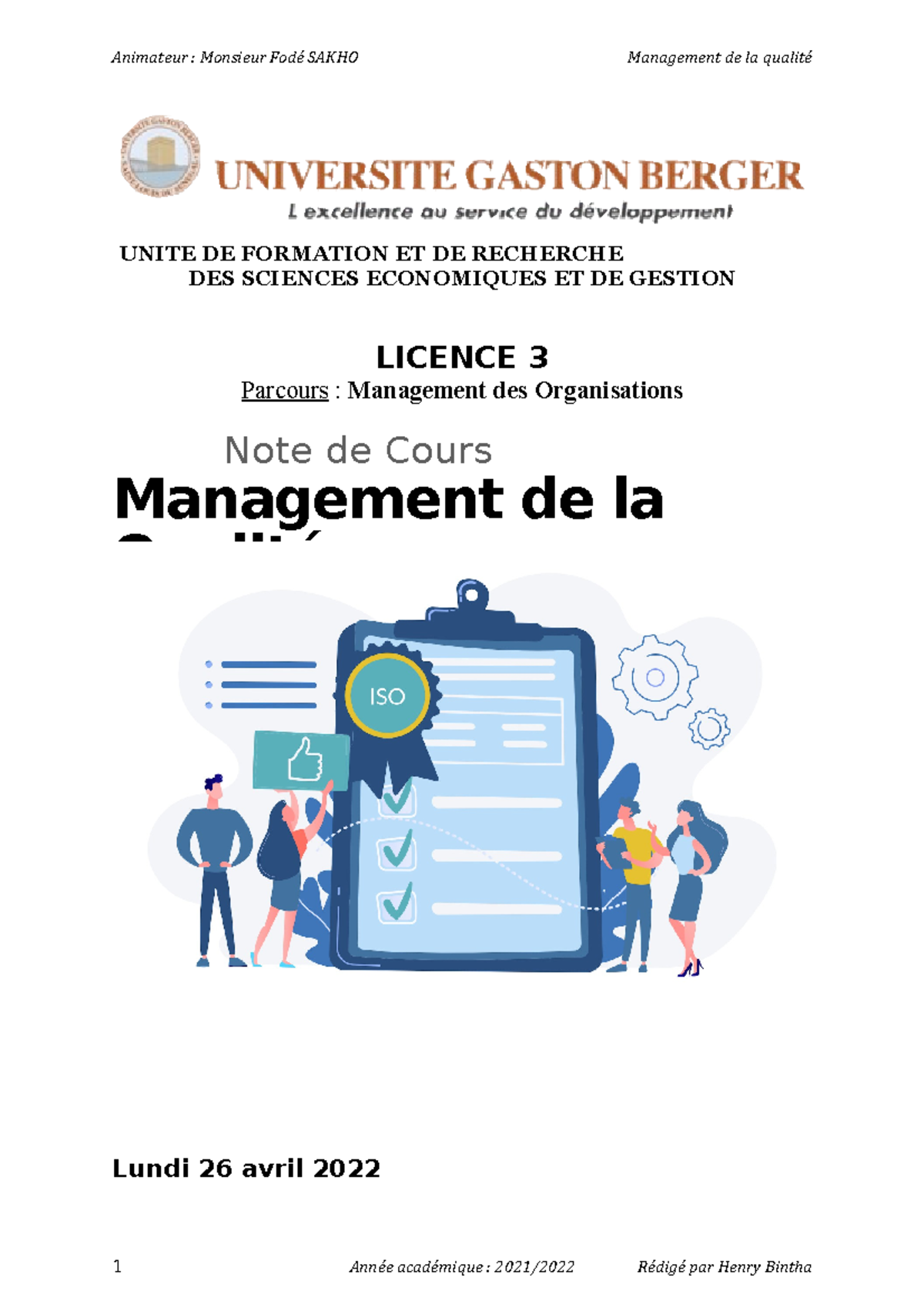 Note de Cours Management de la qualité - UNITE DE FORMATION ET DE ...