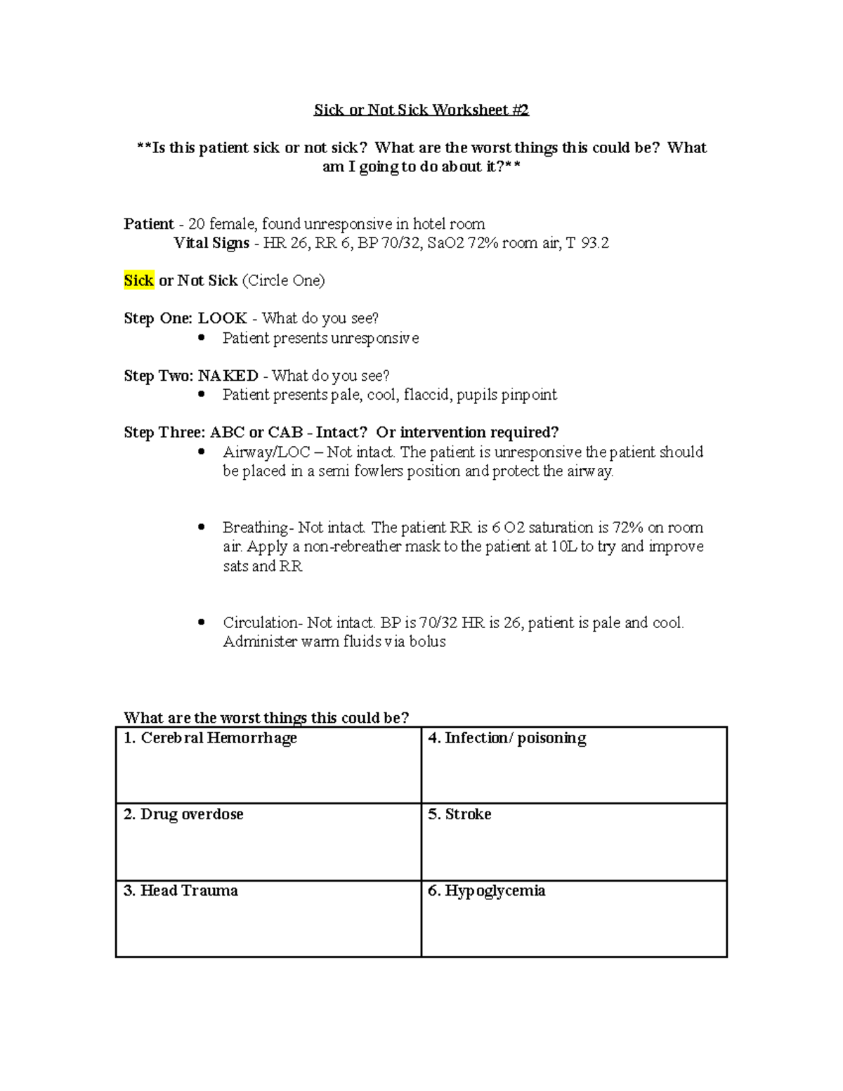 Sick or Not Sick Worksheet 2 - Sick or Not Sick (Circle One) Step One ...