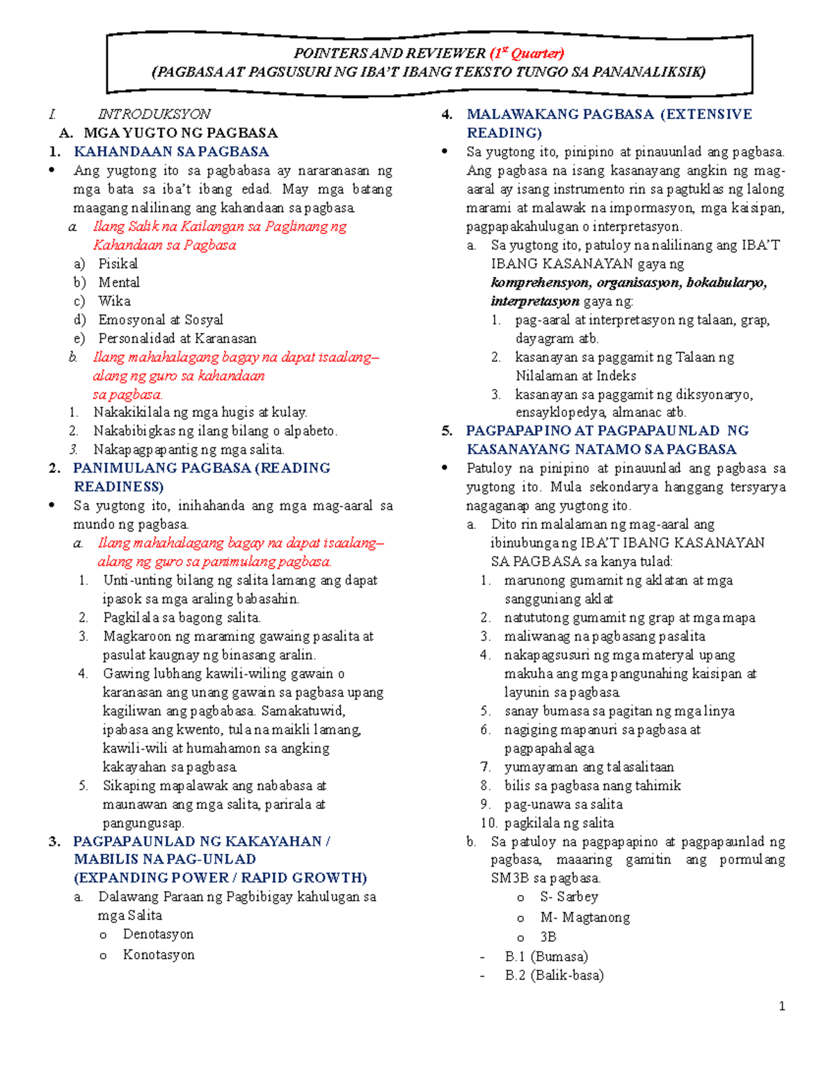 Pointers and reviewer Pagpag - I. INTRODUKSYON A. MGA YUGTO NG PAGBASA 1. KAHANDAAN SA PAGBASA ...