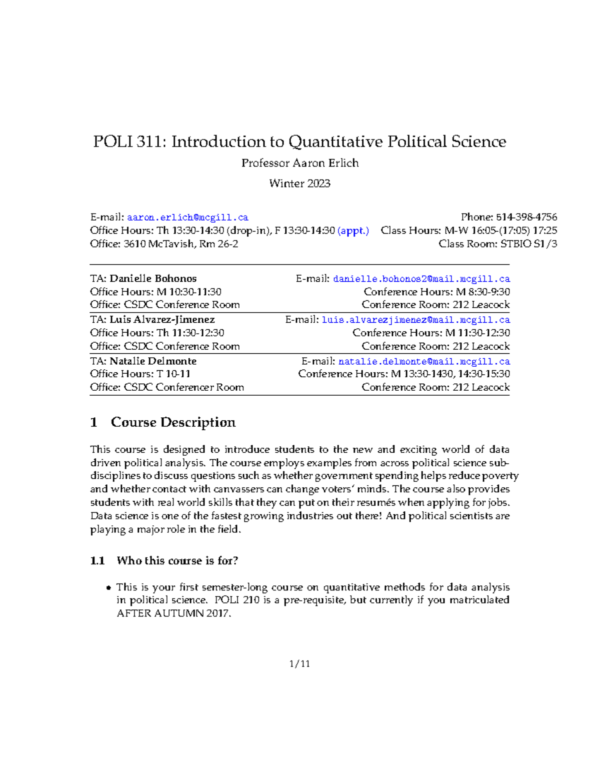 POLI 311 Syllabus - POLI 311: Introduction to Quantitative Political ...