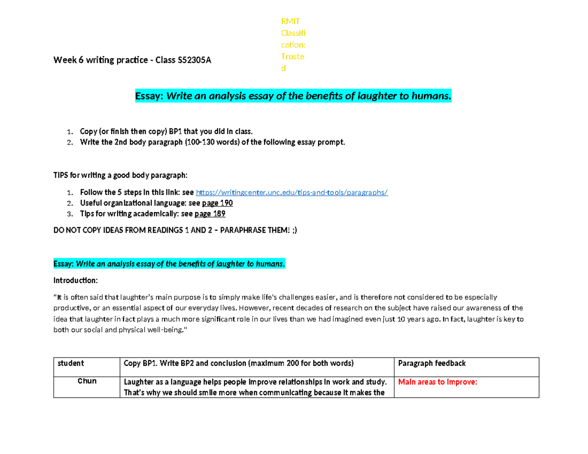 Week 6 writing practice - Classifi cation: Truste d Week 6 writing ...