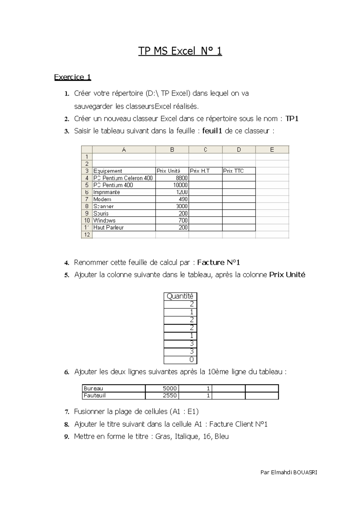 Exercice Microsoft Excel - Par Elmahdi BOUASRI TP MS Excel N° 1 Exercice 1 1. Créer votre ...