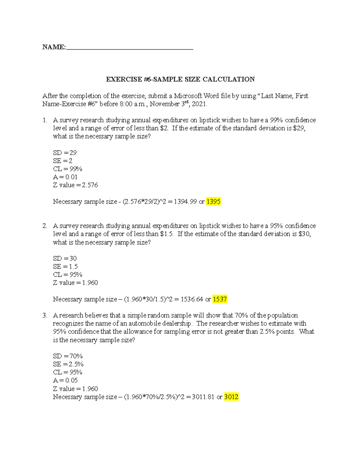 Exercise #6 Sample Size - NAME: EXERCISE #6-SAMPLE SIZE CALCULATION ...