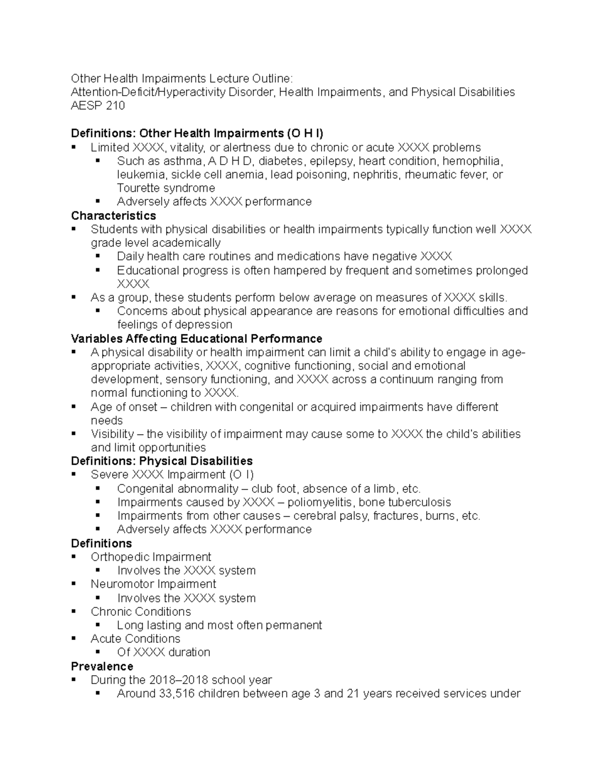 OHI Outline AESP 210 - lecture notes - Other Health Impairments Lecture ...