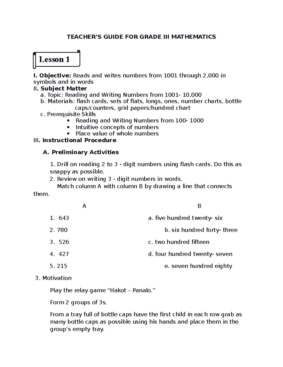 Lessons-1-21 - LESSON PLAN - TEACHER’S GUIDE FOR GRADE III MATHEMATICS ...
