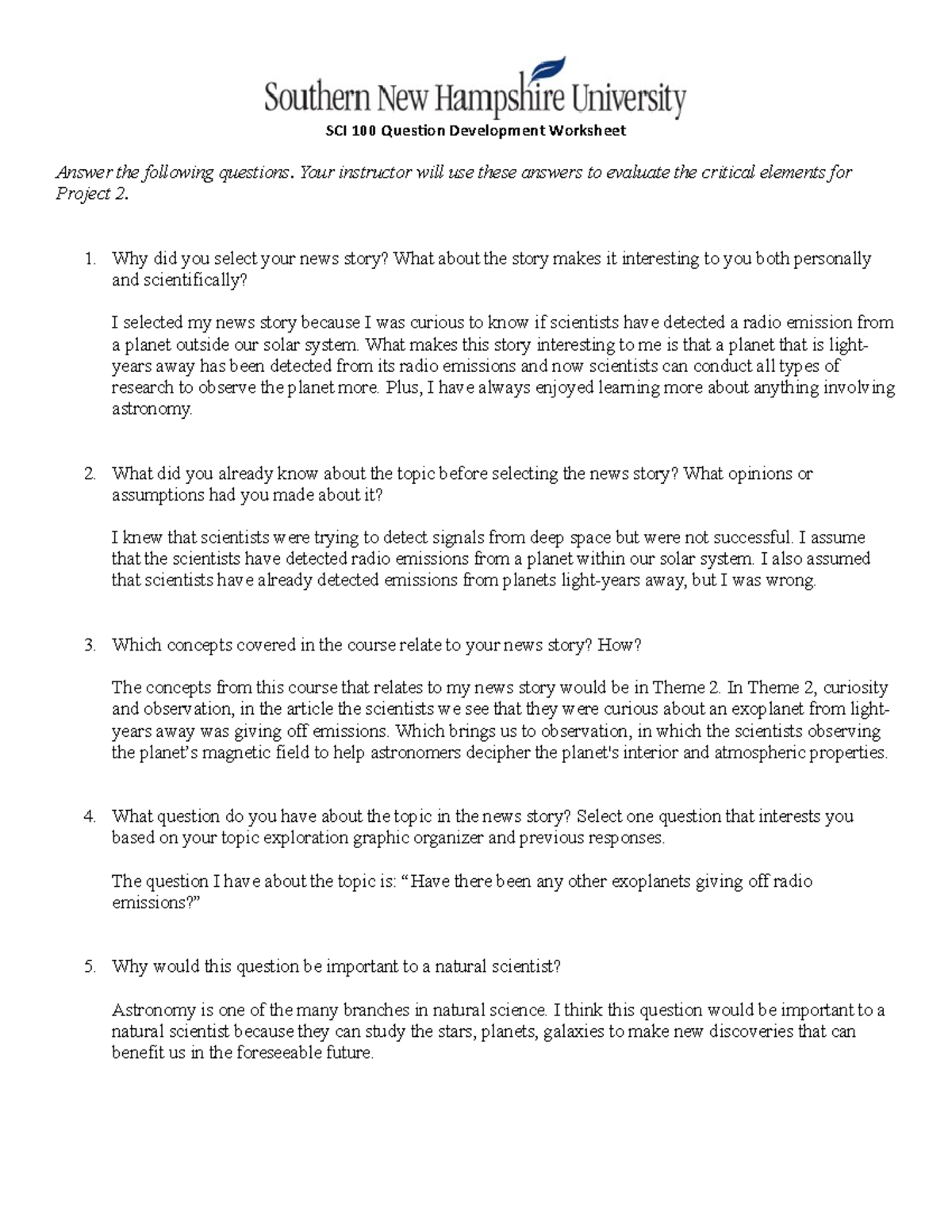 4-4 Project 2 Question Development Worksheet - SCI 100 Question ...