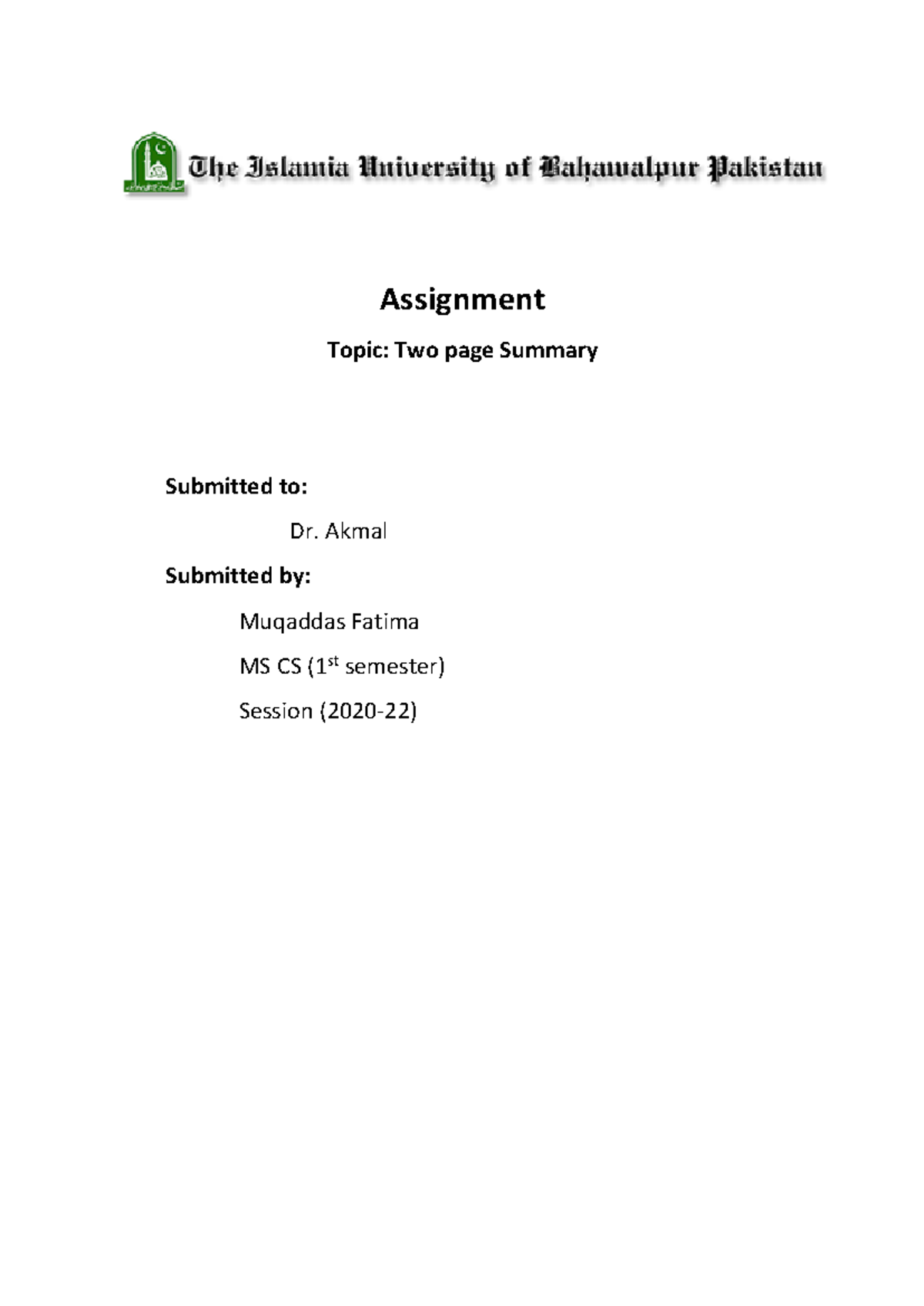 Two Page Summary - Assignment Topic: Two page Summary Submitted to: Dr ...