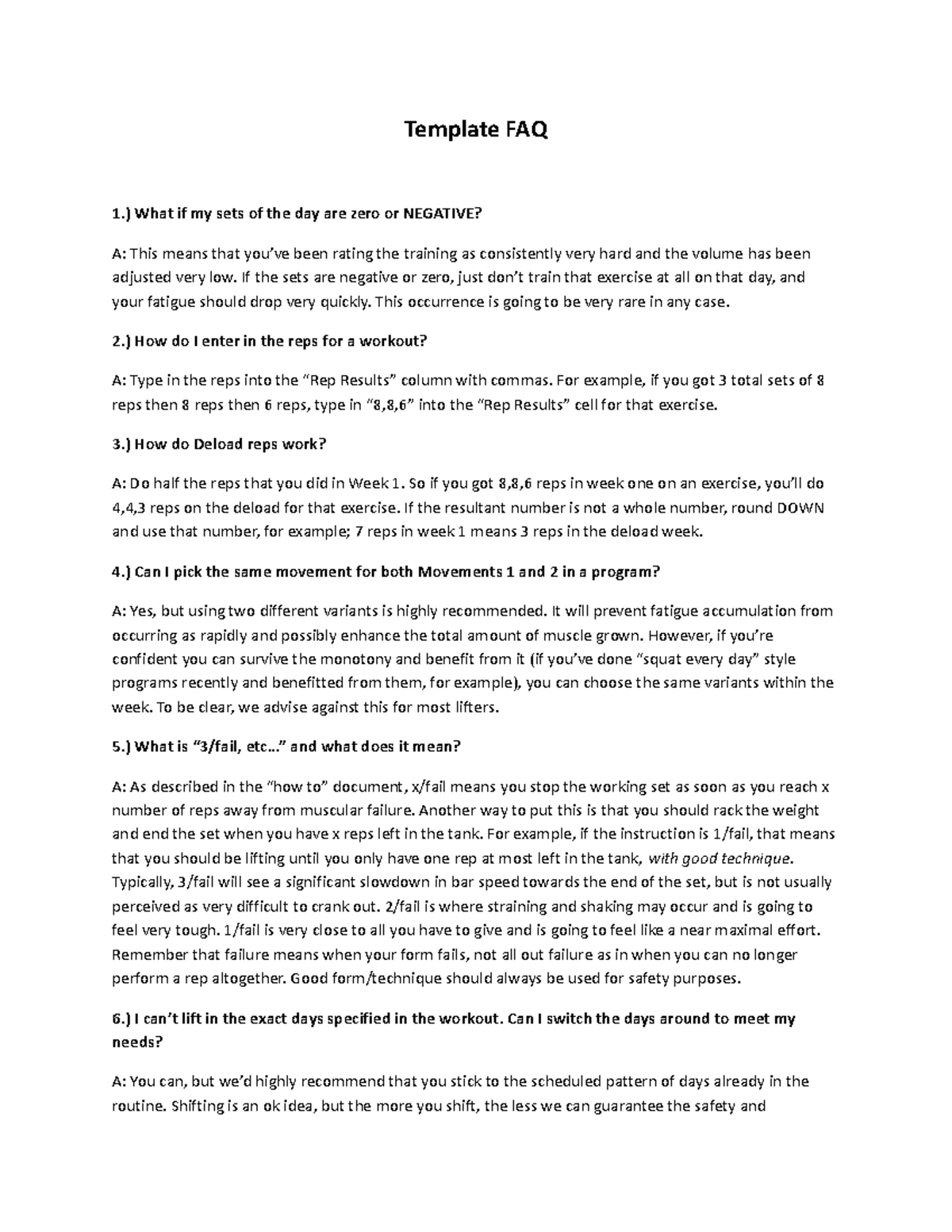RP Training Template FAQ - Template FAQ 1.) What if my sets of the day ...