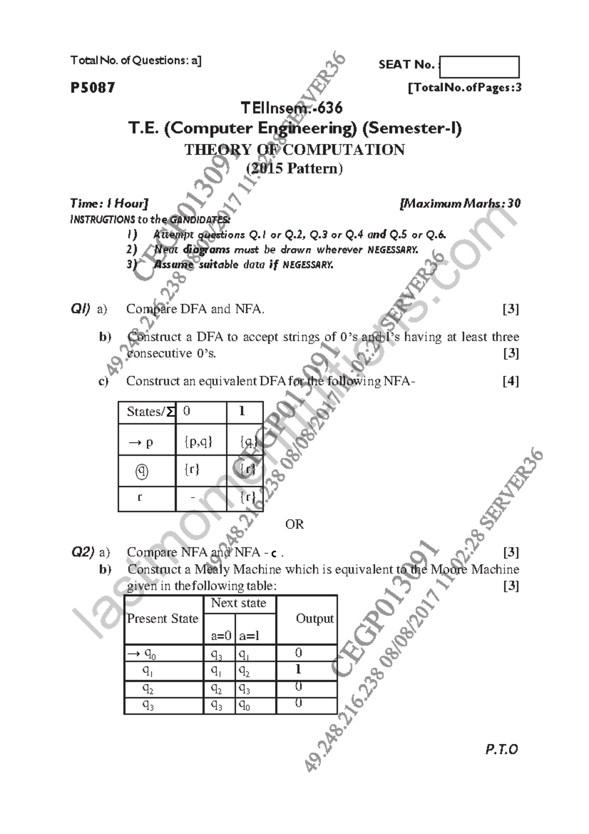 Semester-5 2017 august theory-of-computation-tc-pattern-2015 - Total No. of Questions : a] P ...
