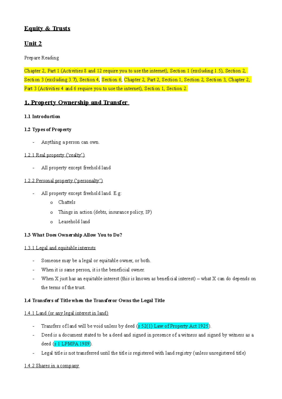 Unit 2 Trusts and Equity - Equity & Trusts Unit 2 Prepare Reading ...