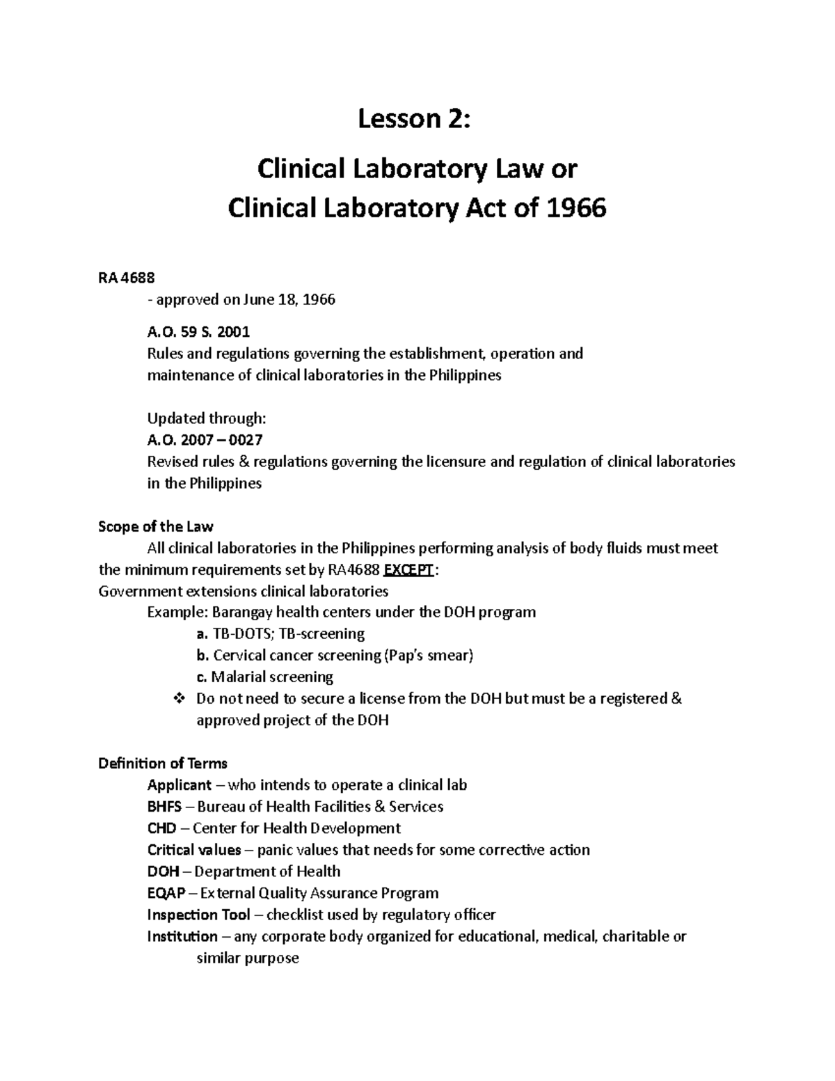 MTLaws Lesson 2 - Knowledgeable - Lesson 2: Clinical Laboratory Law or ...