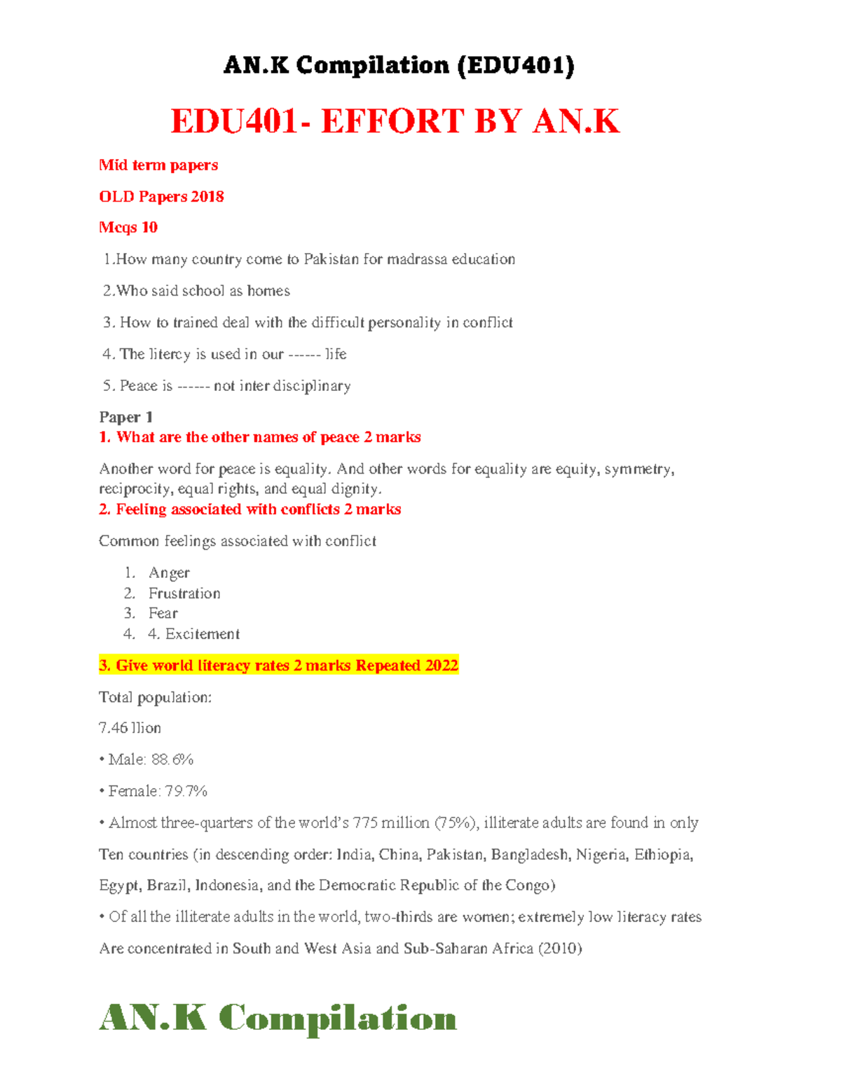 EDU401 MID AN.K Compilation 2022-2 - EDU401- EFFORT BY AN Mid term ...