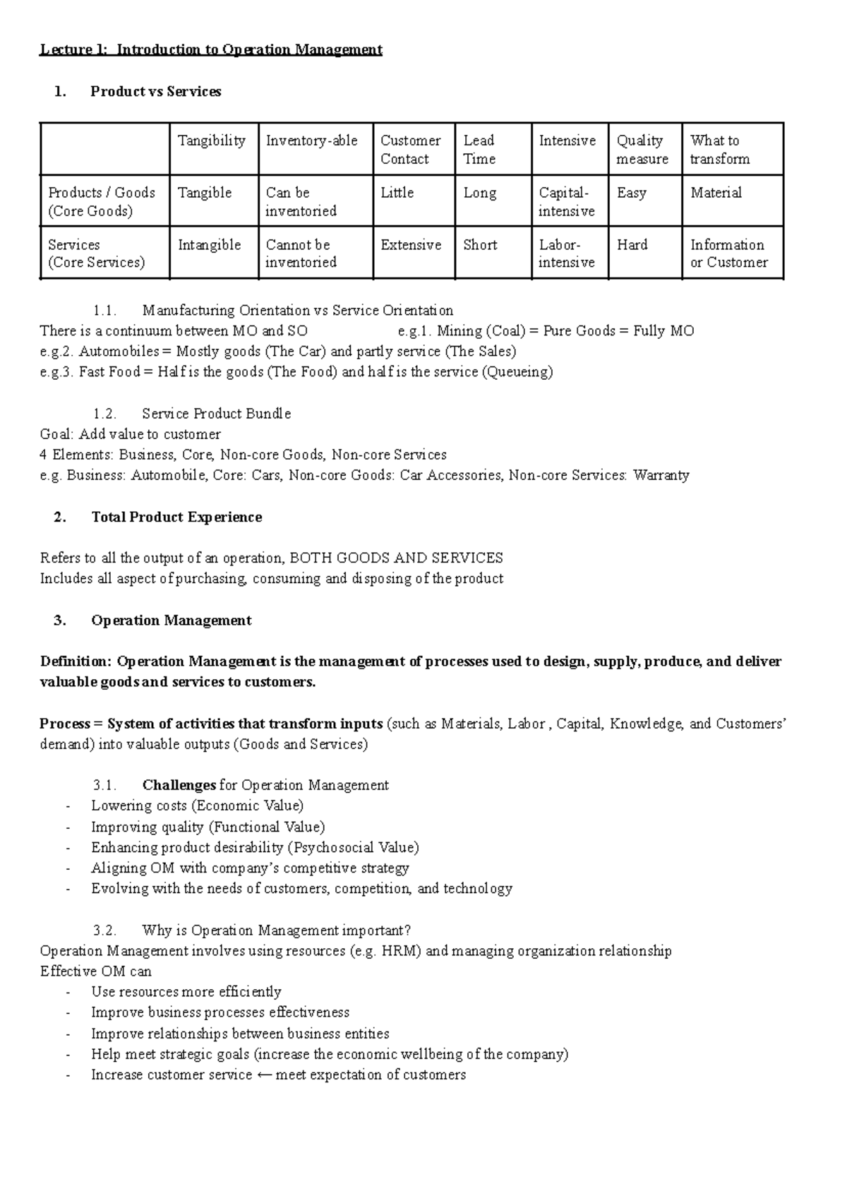 OM Notes - Summary Operations Management - Lecture 1: Introduction to ...
