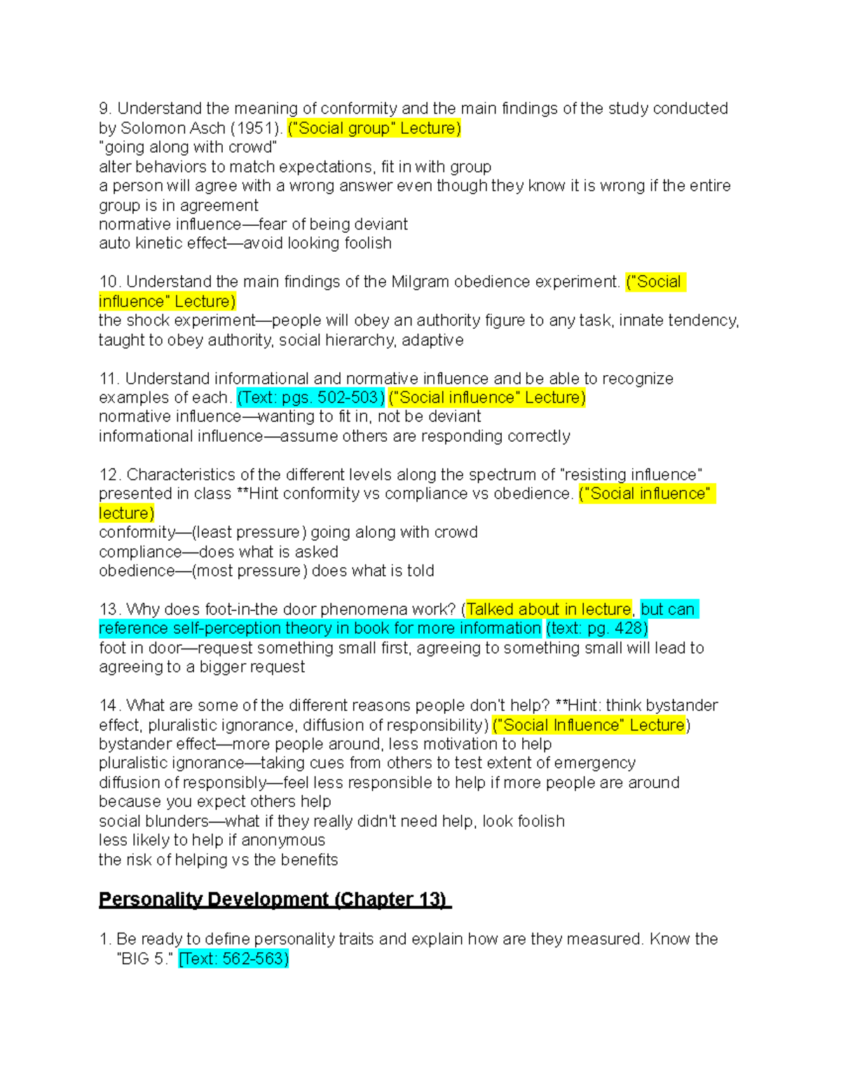 Ch 12-15 Study Guide - Psy 1 - Understand the meaning of conformity and ...