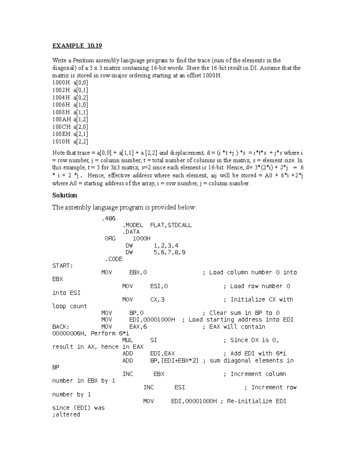 Ex 10.19 - Example - EXAMPLE 10. Write a Pentium assembly language program to find the trace ...