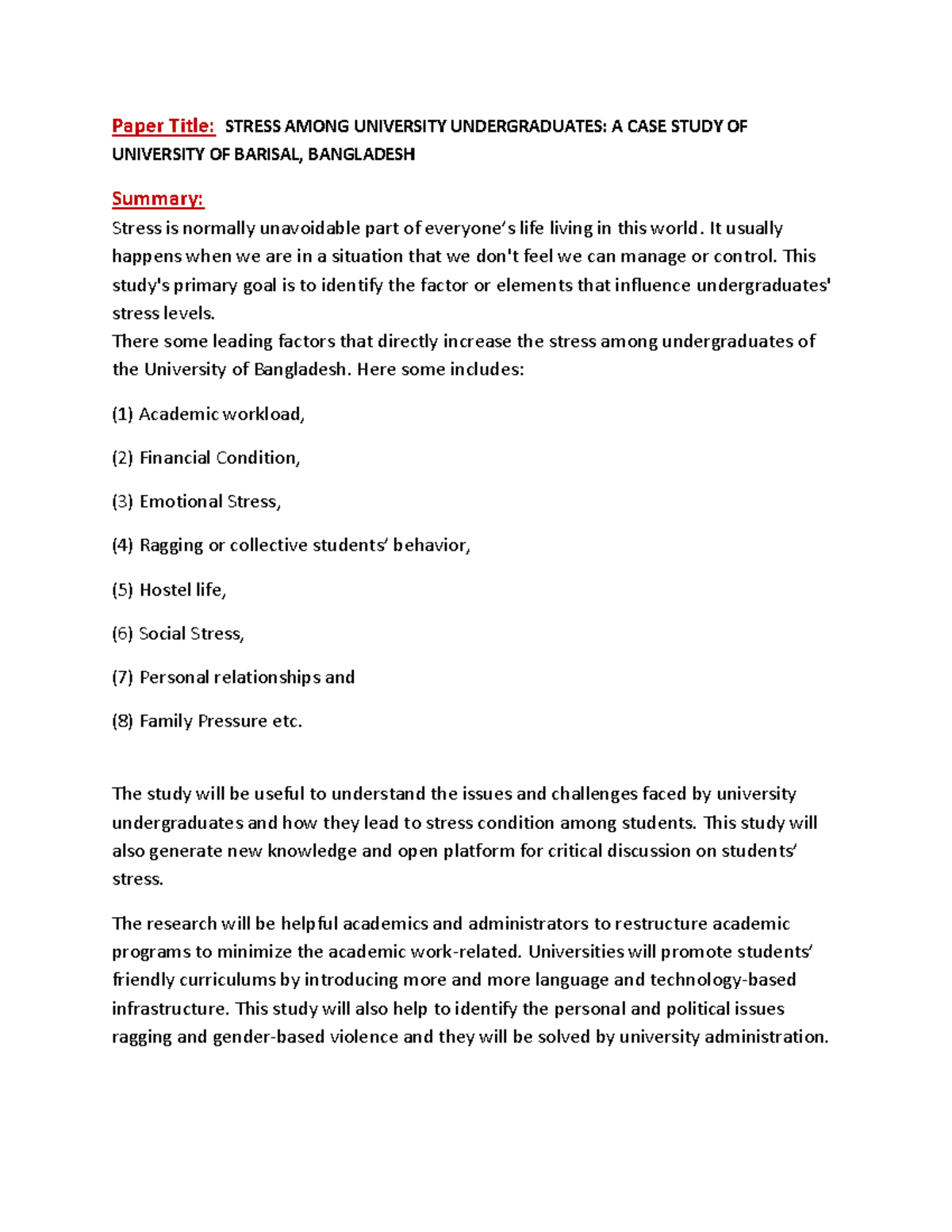 Group-No Name - Paper Title: STRESS AMONG UNIVERSITY UNDERGRADUATES: A ...