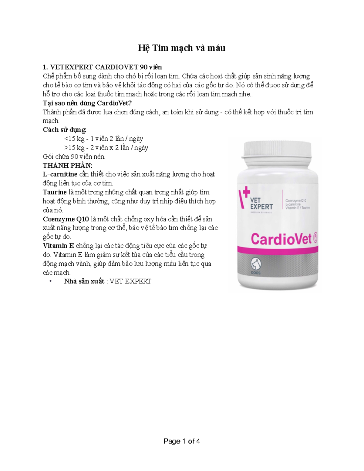 Giới thiệu thuốc - Hß Tim m¿ch và máu 1. VETEXPERT CARDIOVET 90 viên Ch ...