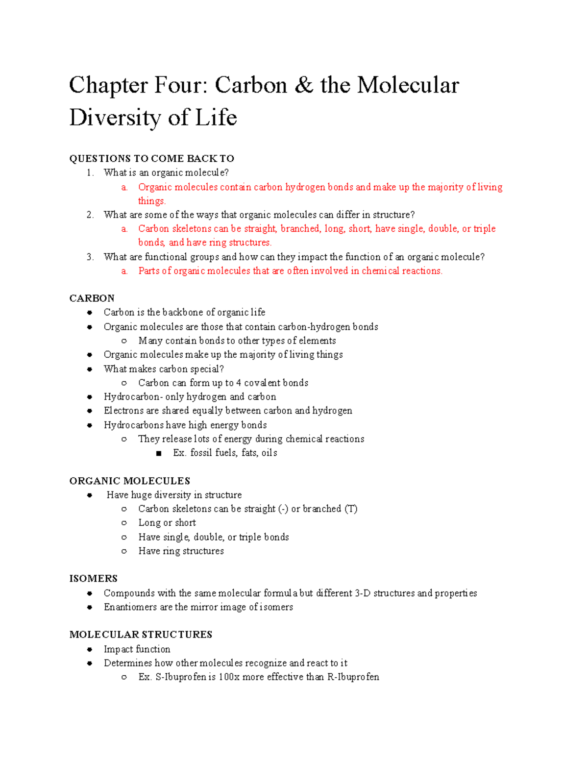 BI 211 Chapter 4 Notes - Carbon and the molecular diversity of life ...