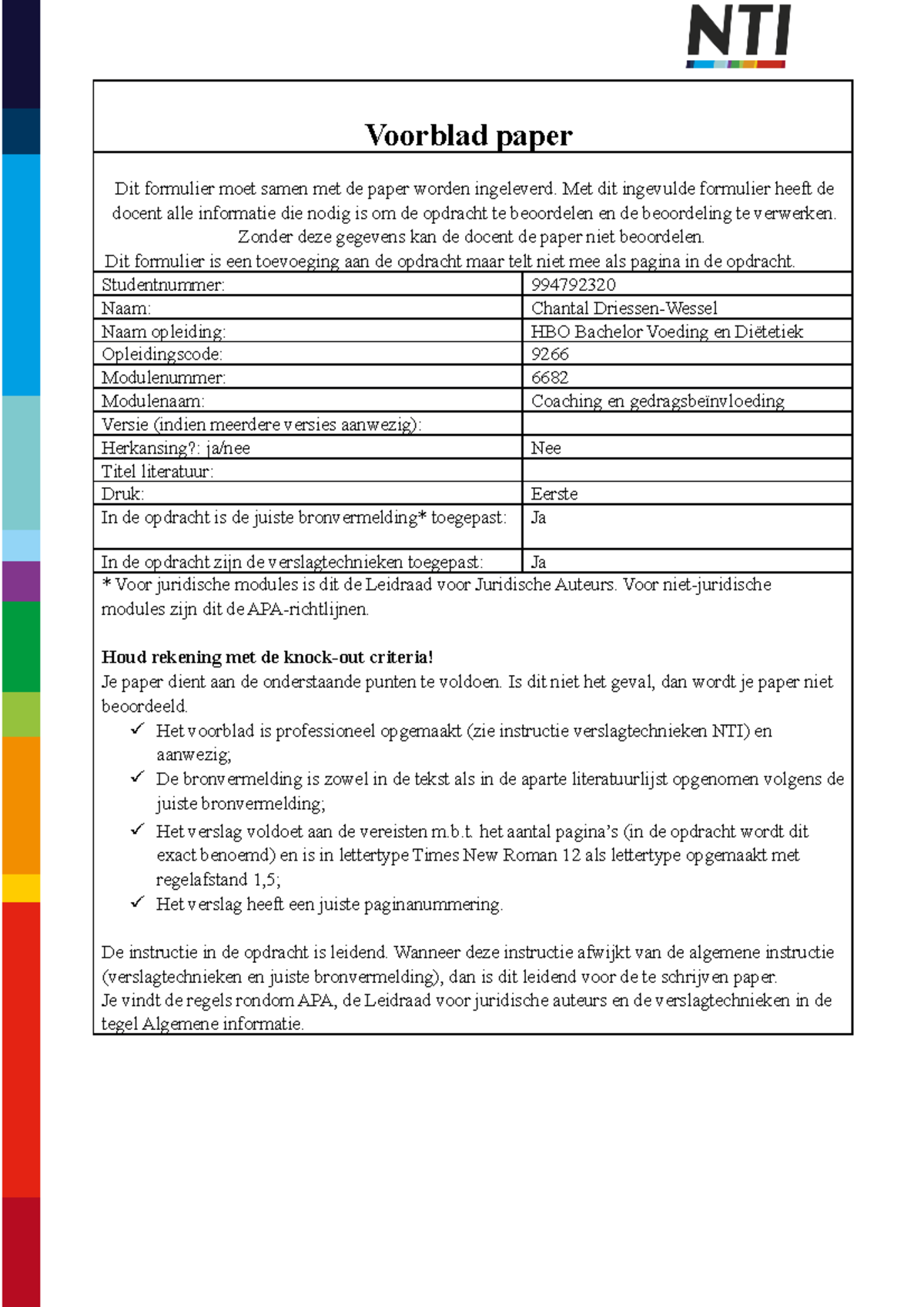 Paper Coaching en Gedragsbeinvloeding - Voorblad paper Dit formulier ...