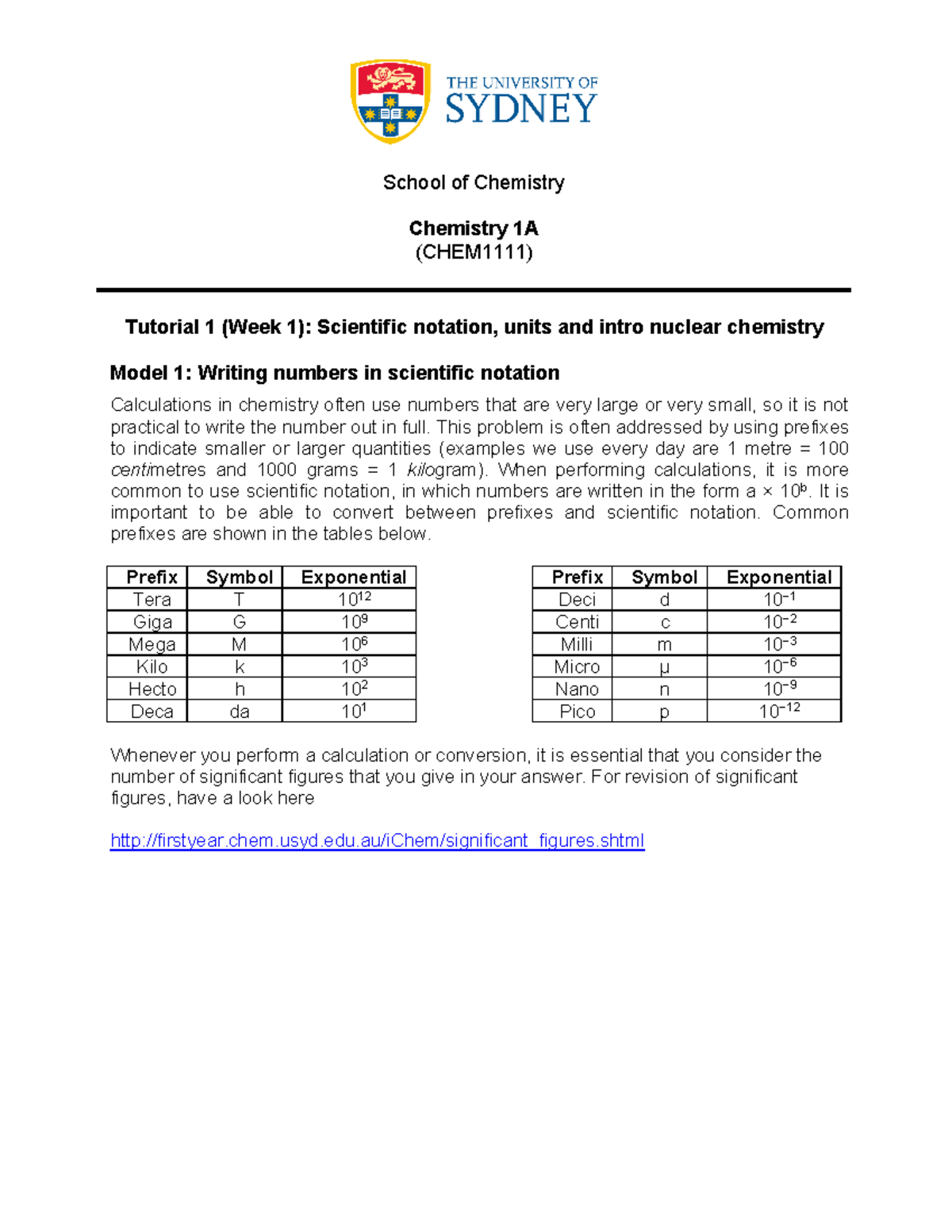 Chem1111 Tutorial 01 - School of Chemistry Chemistry 1A (CHEM1111 ...