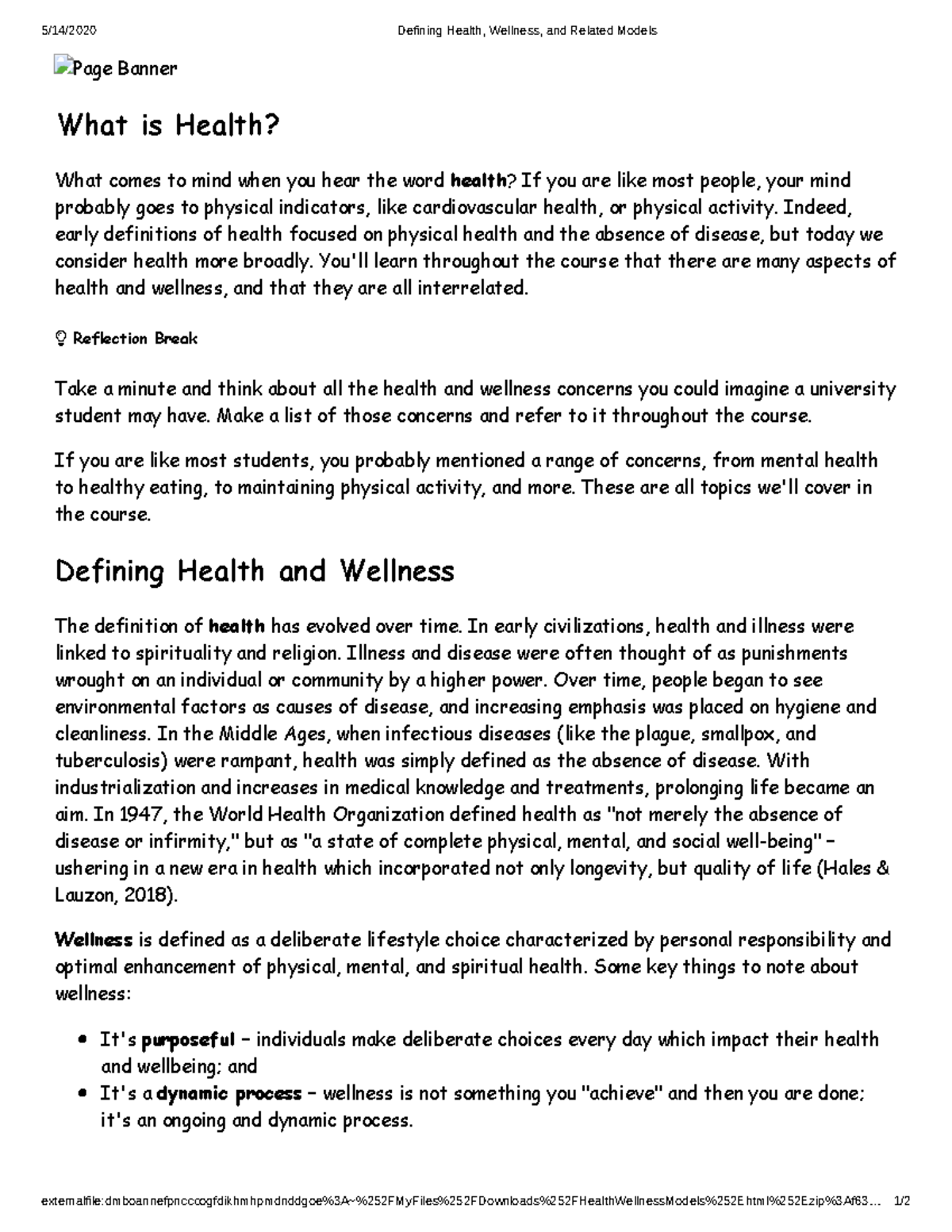 Lecture #1 Health and wellness - 5/14/2020 Defining Health, Wellness ...