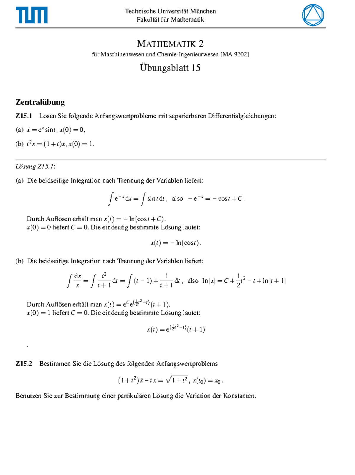 Blatt 15 mit lösungen - Technische Universität München Fakultät für ...